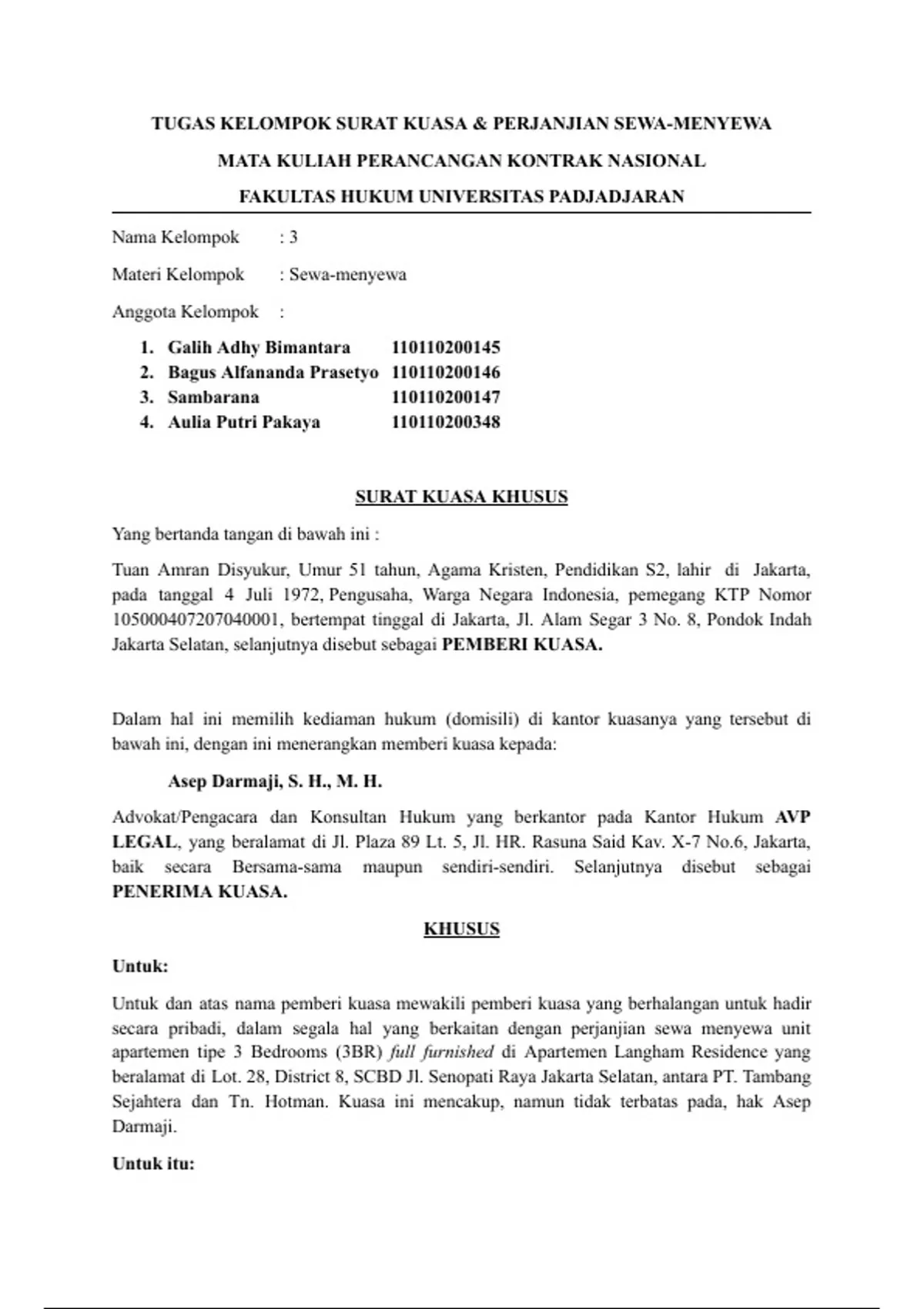 Summary Surat Kuasa dan Kontrak - A12C001 - Stuvia US