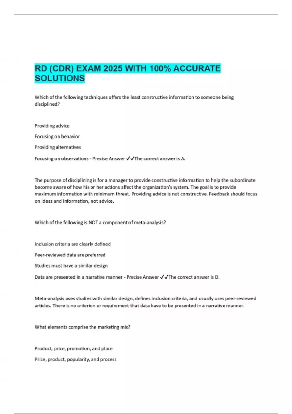 RD (CDR) EXAM 2025 WITH 100% ACCURATE SOLUTIONS - RD - Stuvia US