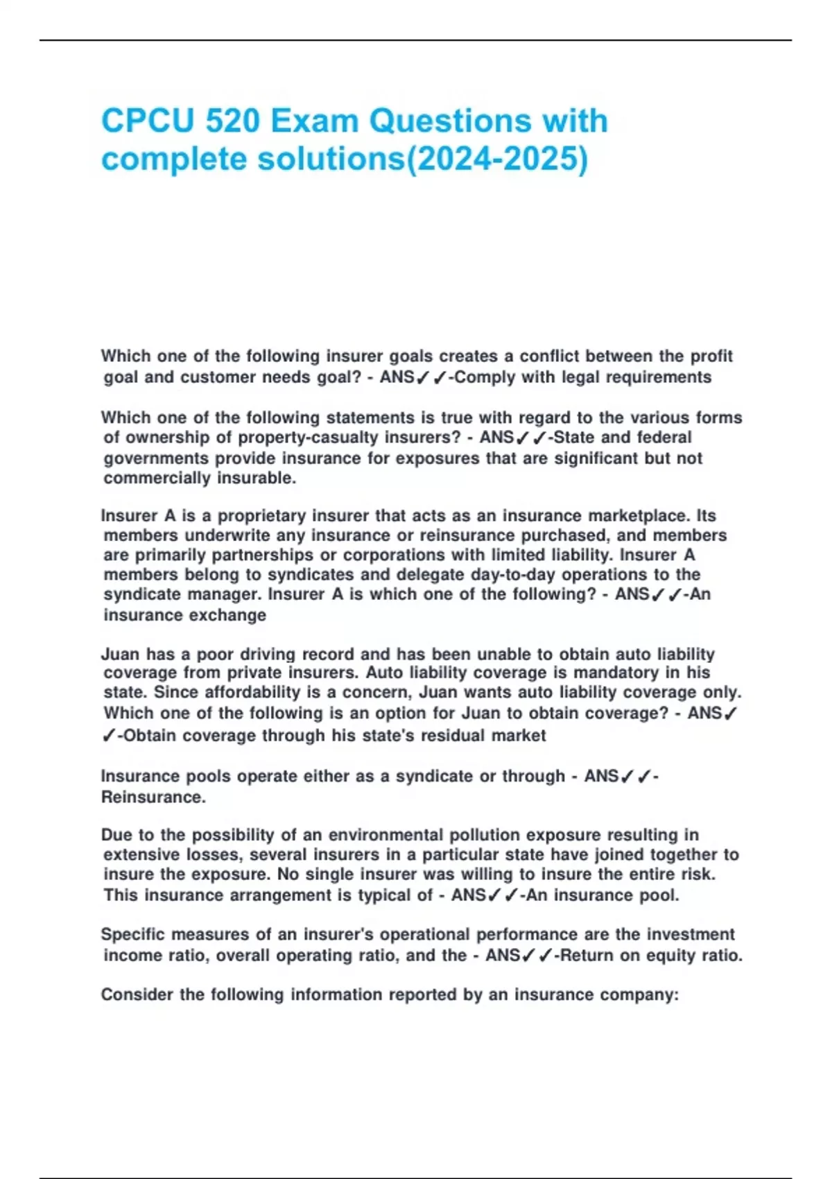 CPCU 520 Exam Questions with complete solutions(). - CPCU 520 - Stuvia US