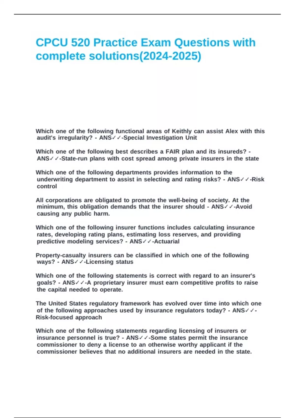 CPCU 520 Practice Exam Questions with complete solutions() - CPCU 520 ...