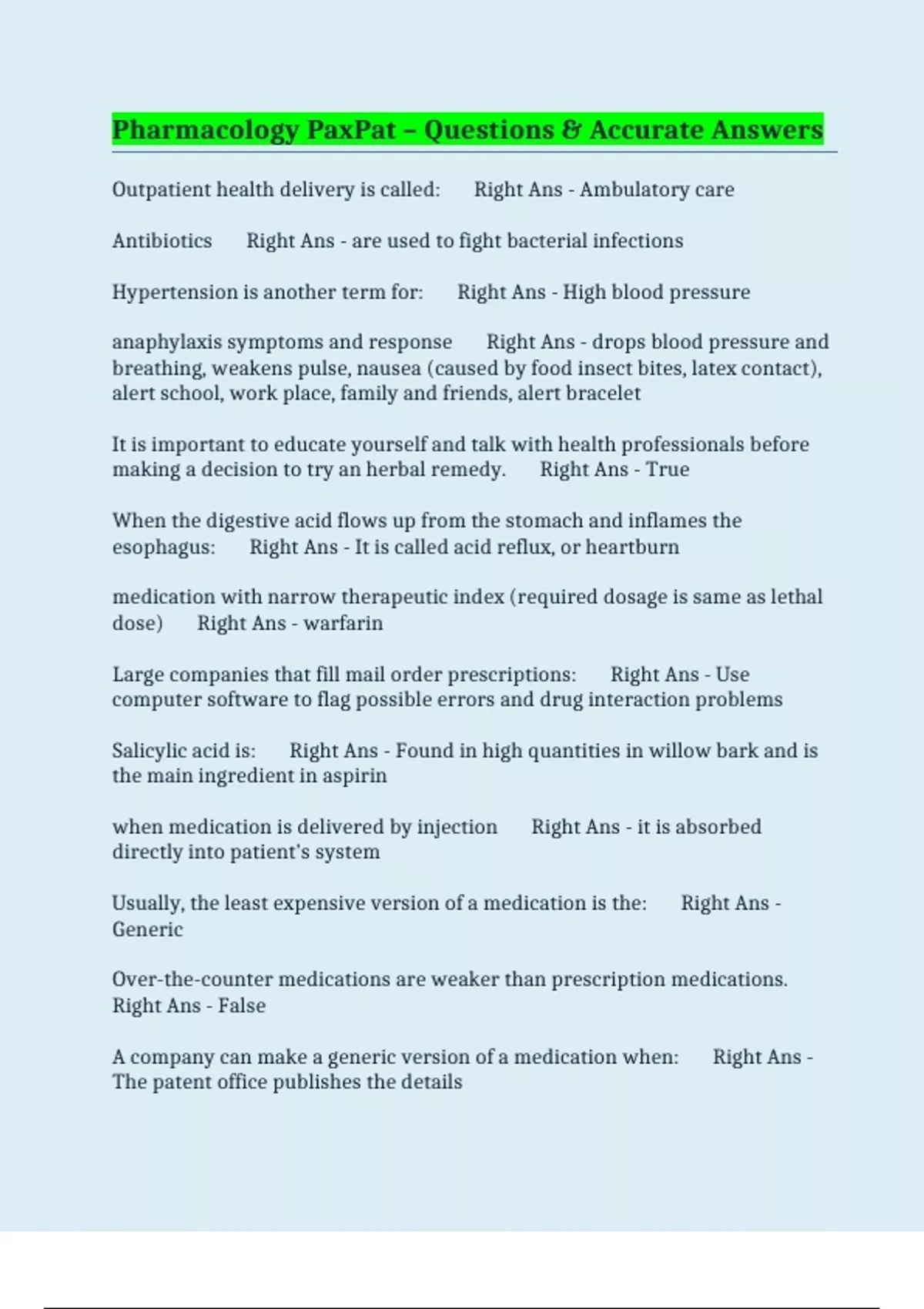 Pharmacology PaxPat – Questions & Accurate Answers - Pharmacology ...