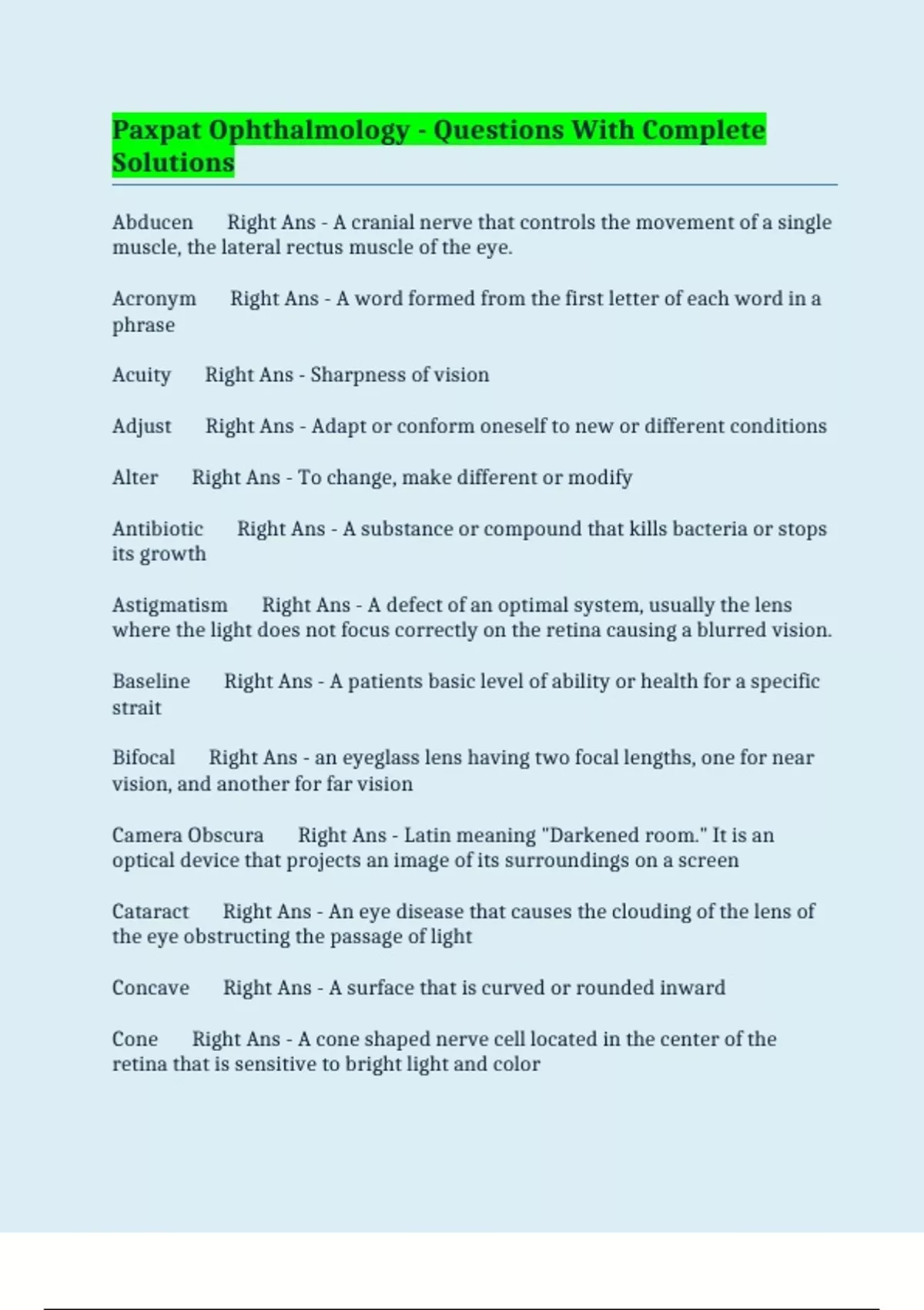 Paxpat Ophthalmology - Questions With Complete Solutions - Pharmacology ...