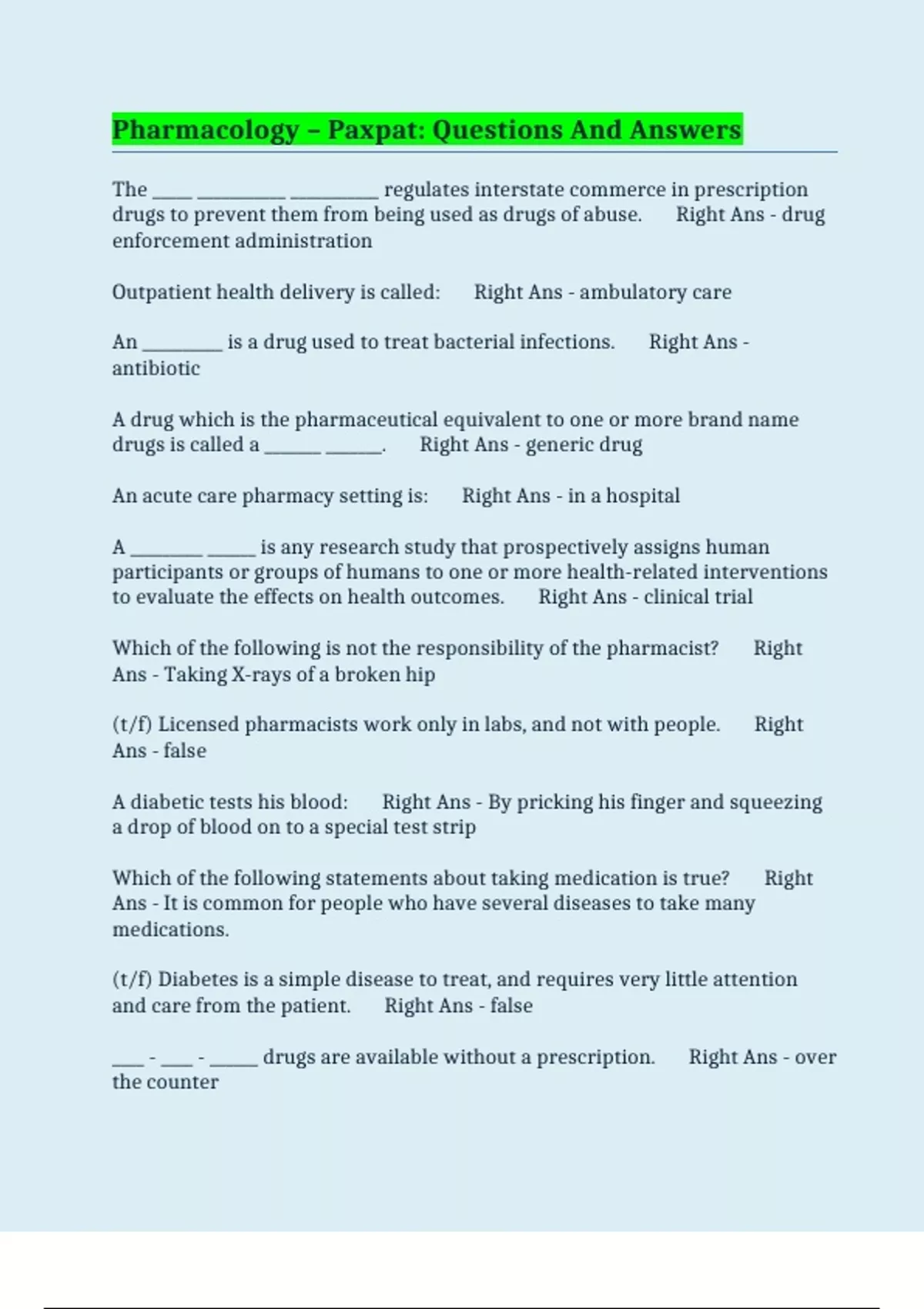 Pharmacology – Paxpat: Questions And Answers - Pharmacology Paxpat ...