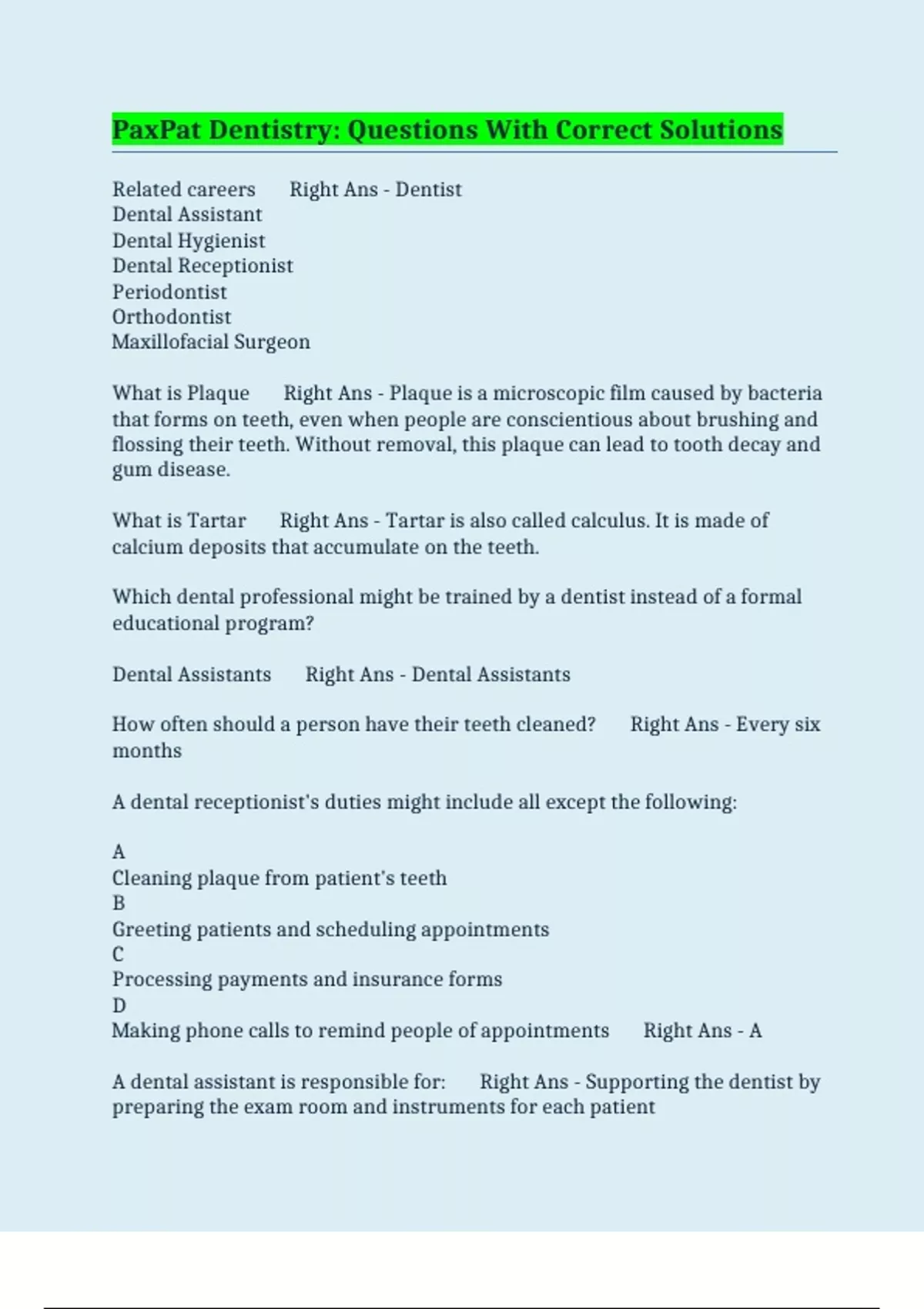 PaxPat Dentistry: Questions With Correct Solutions - Pharmacology ...