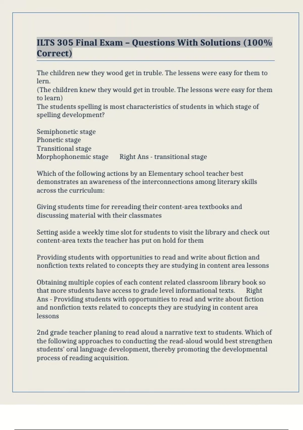 ILTS 305 Final Exam – Questions With Solutions (100% Correct) - ILTS 305 - Stuvia US