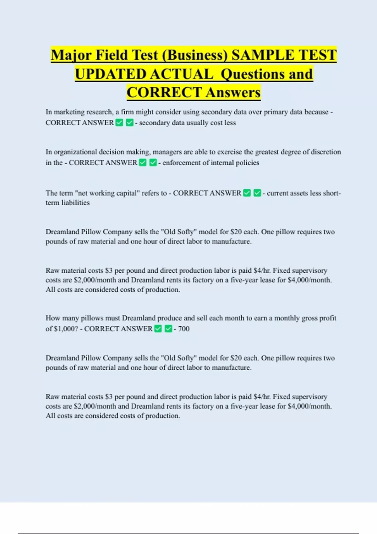 Major Field Test (Business) SAMPLE TEST UPDATED ACTUAL Questions and ...