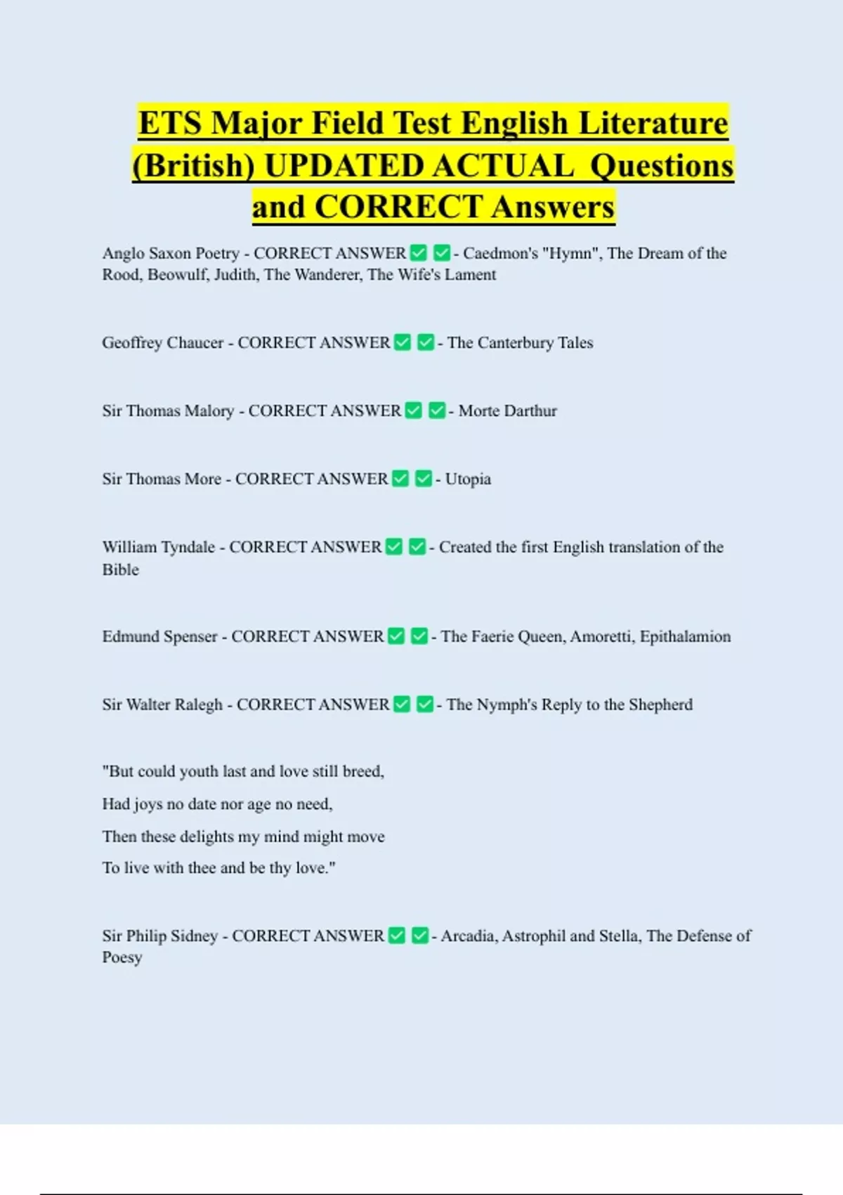 ETS Major Field Test English Literature (British) UPDATED ACTUAL ...