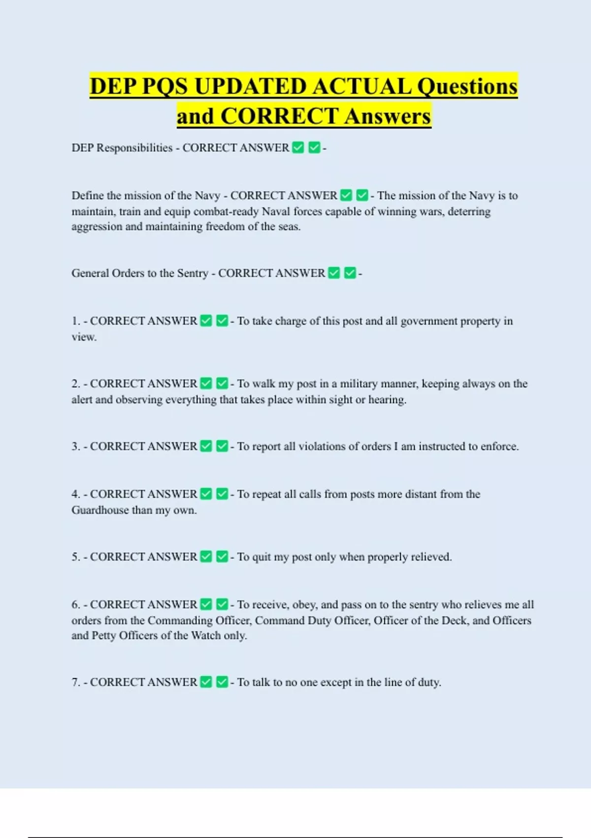 DEP PQS UPDATED ACTUAL Questions and CORRECT Answers - Navy Boot Camp ...