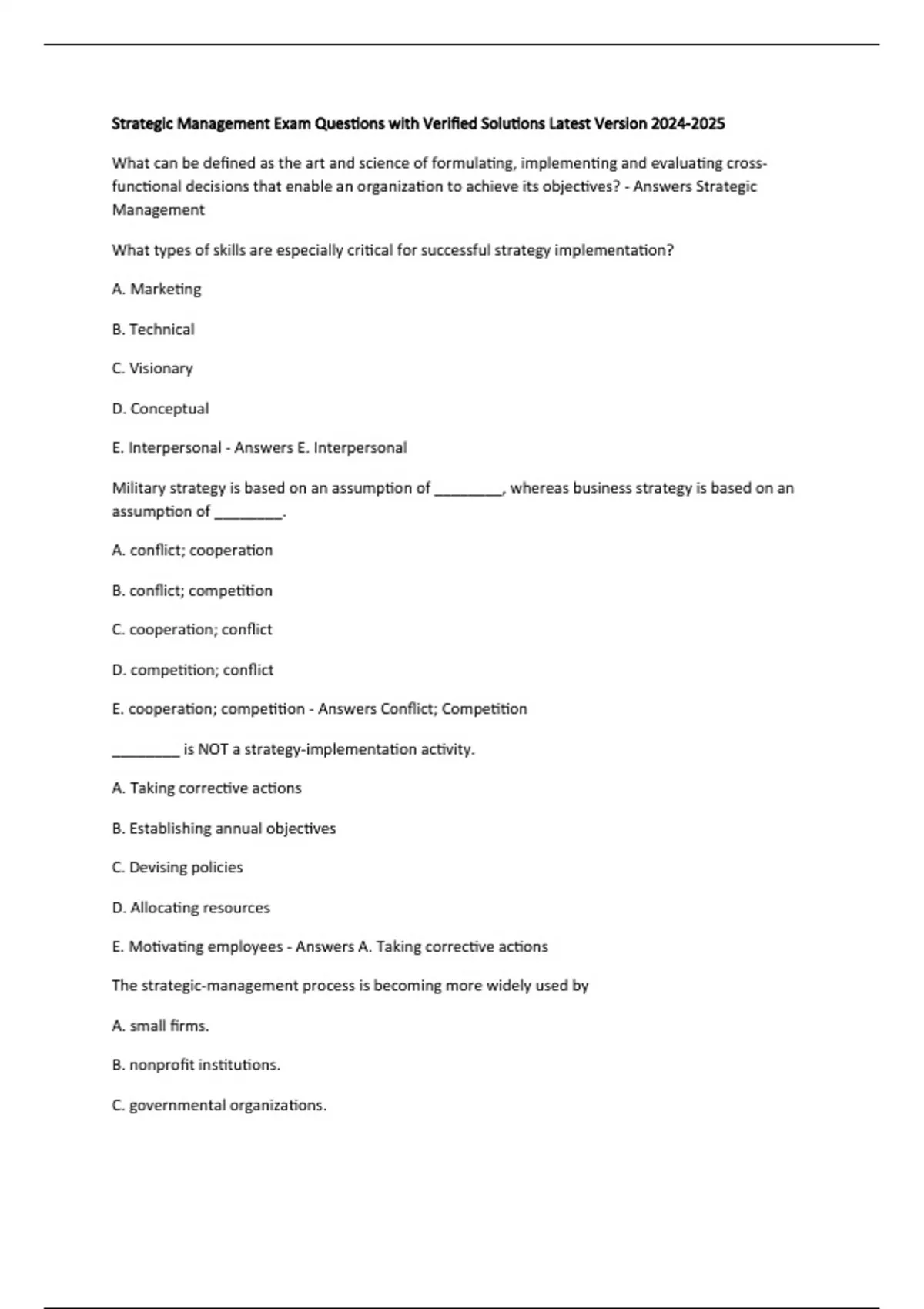 Strategic Management Exam Questions with Verified Solutions Latest ...