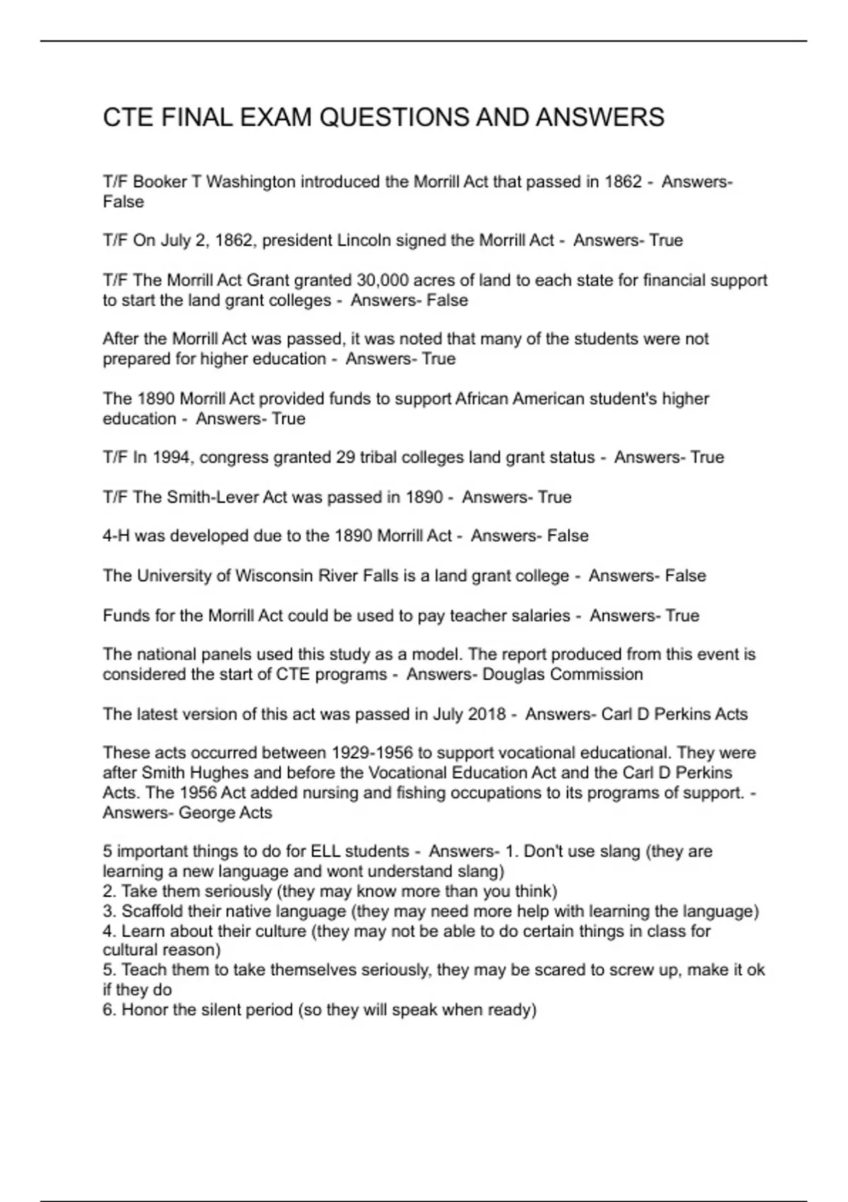 CTE FINAL EXAM QUESTIONS AND ANSWERS - CTE - Stuvia US