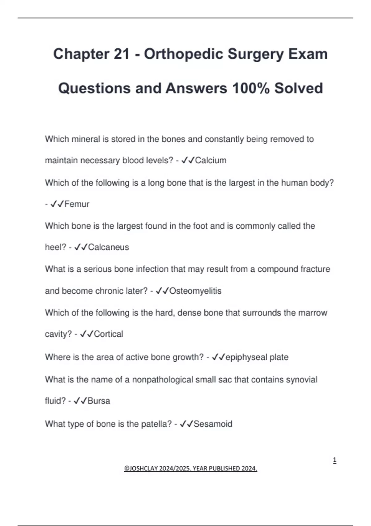 ORTHOPEDIC EXAM PACKAGE DEAL QUESTIONS AND VERIFIED ANSWERS 100% ...