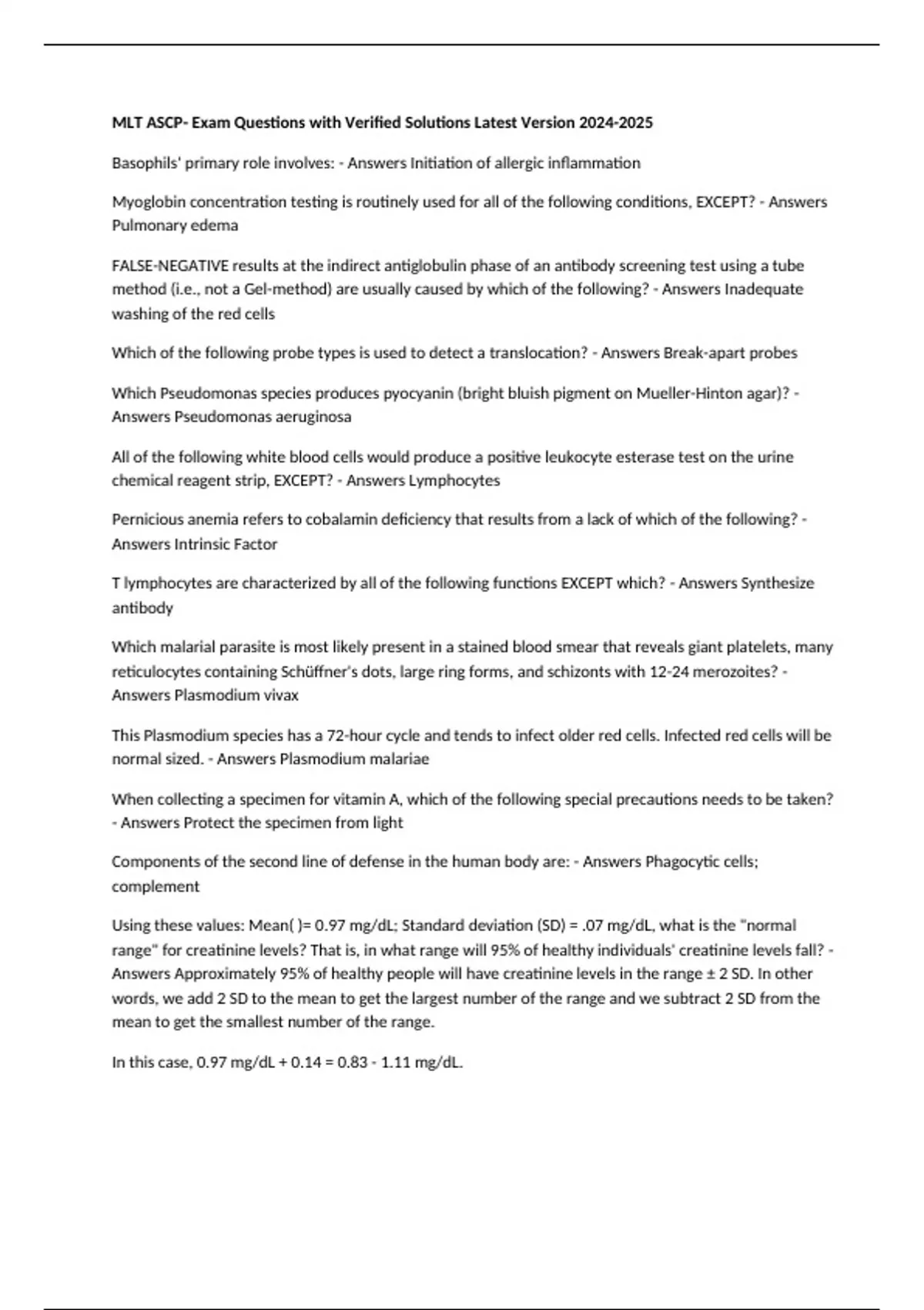 MLT ASCP- Exam Questions with Verified Solutions Latest Version - MLT ...