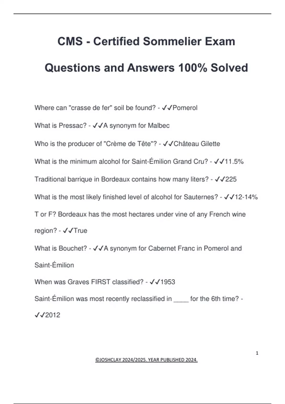 CMS - Certified Sommelier Exam Questions and Answers 100% Solved - CMS ...