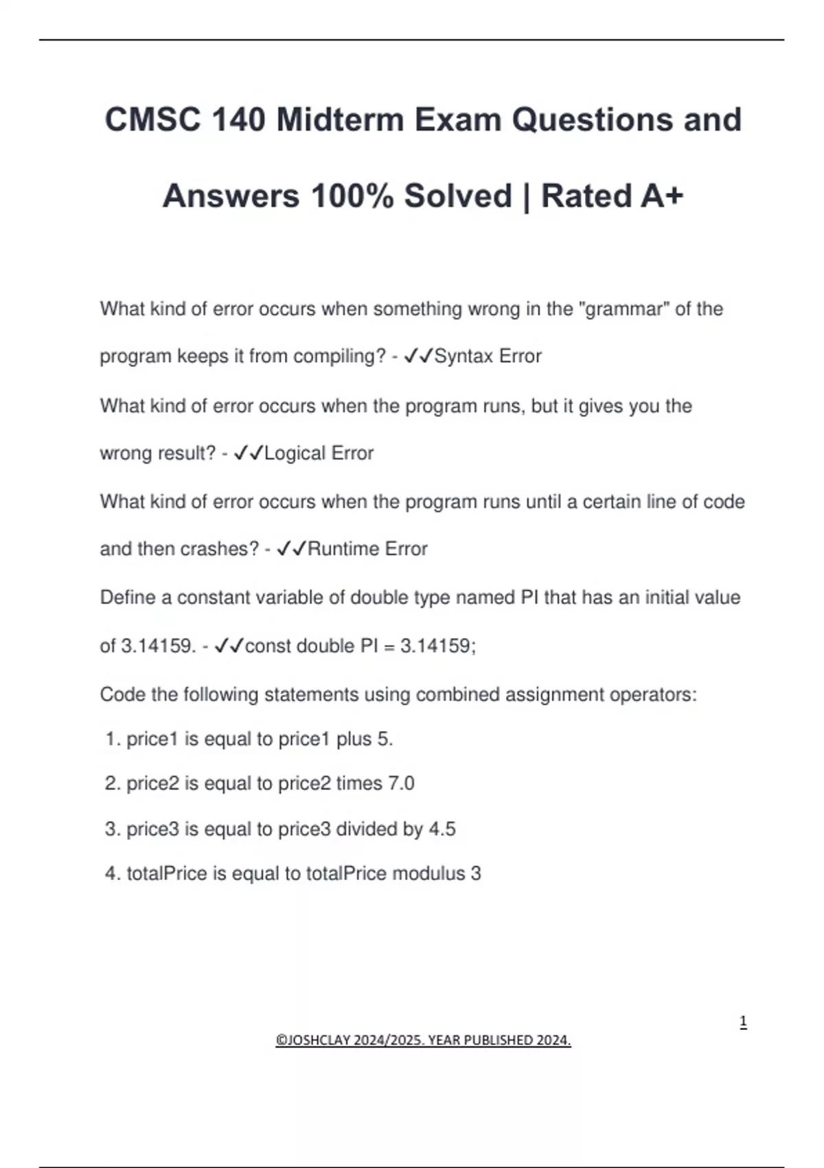 CMSC 140 Midterm Exam Questions and Answers 100% Solved | Rated A+ - CMSC - Stuvia US