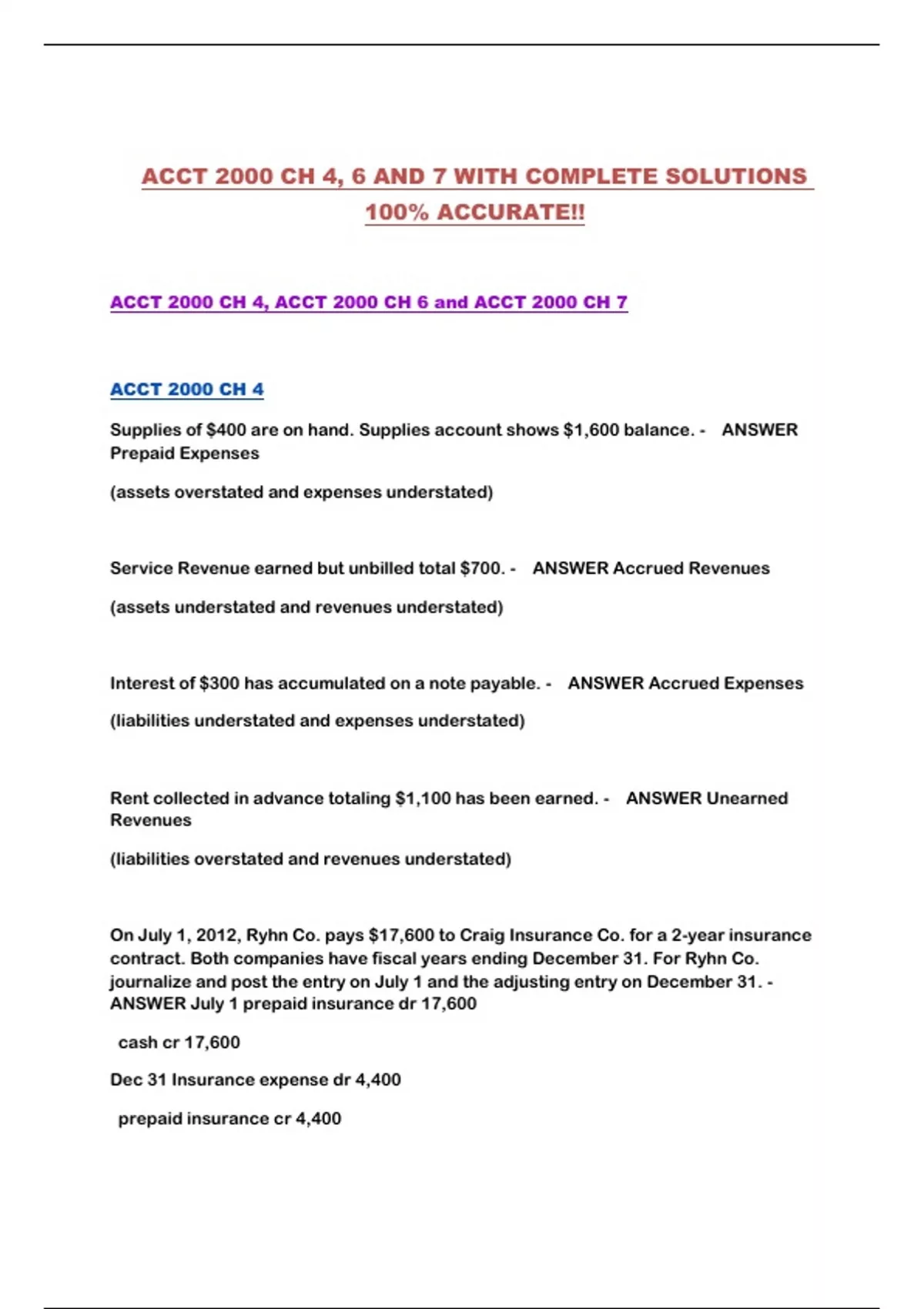 ACCT 2000 CH 4, 6 AND 7 WITH COMPLETE SOLUTIONS 100% ACCURATE!! - ACCT ...