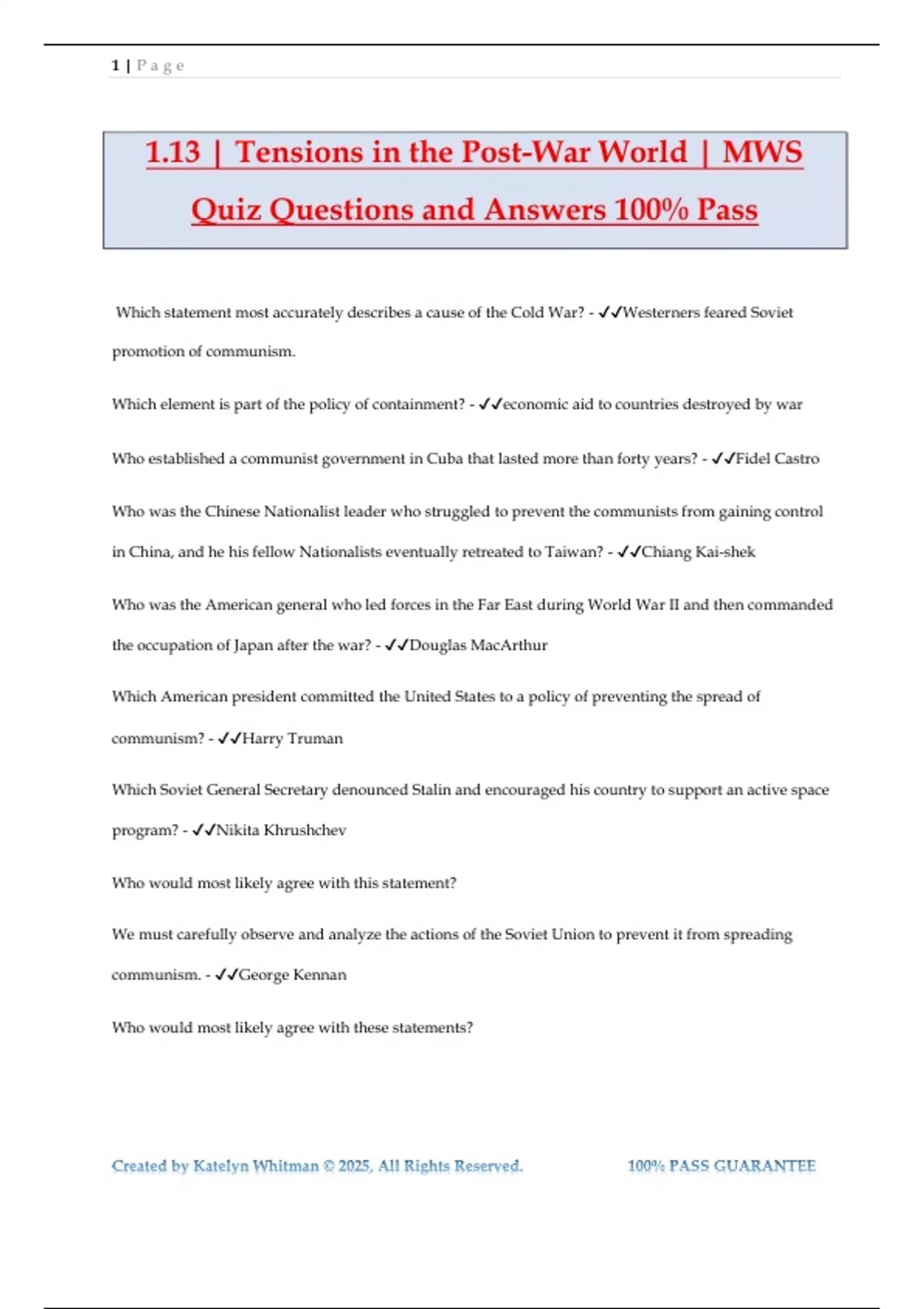 1.13 | Tensions in the Post-War World | MWS Quiz Questions and Answers ...