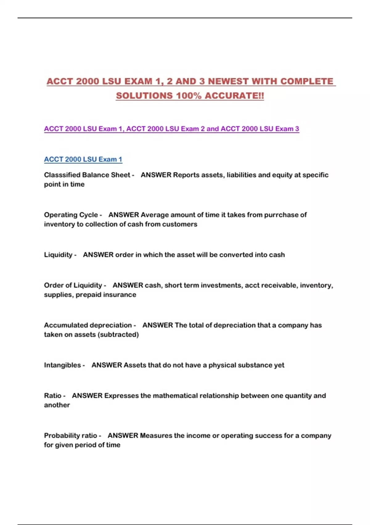 ACCT 2000 LSU EXAM 1, 2 AND 3 NEWEST WITH COMPLETE SOLUTIONS 100% ...