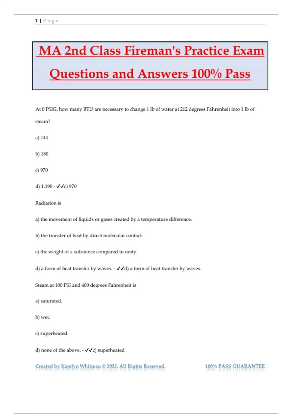 MA 2nd Class Fireman's Practice Exam Questions and Answers 100% Pass ...