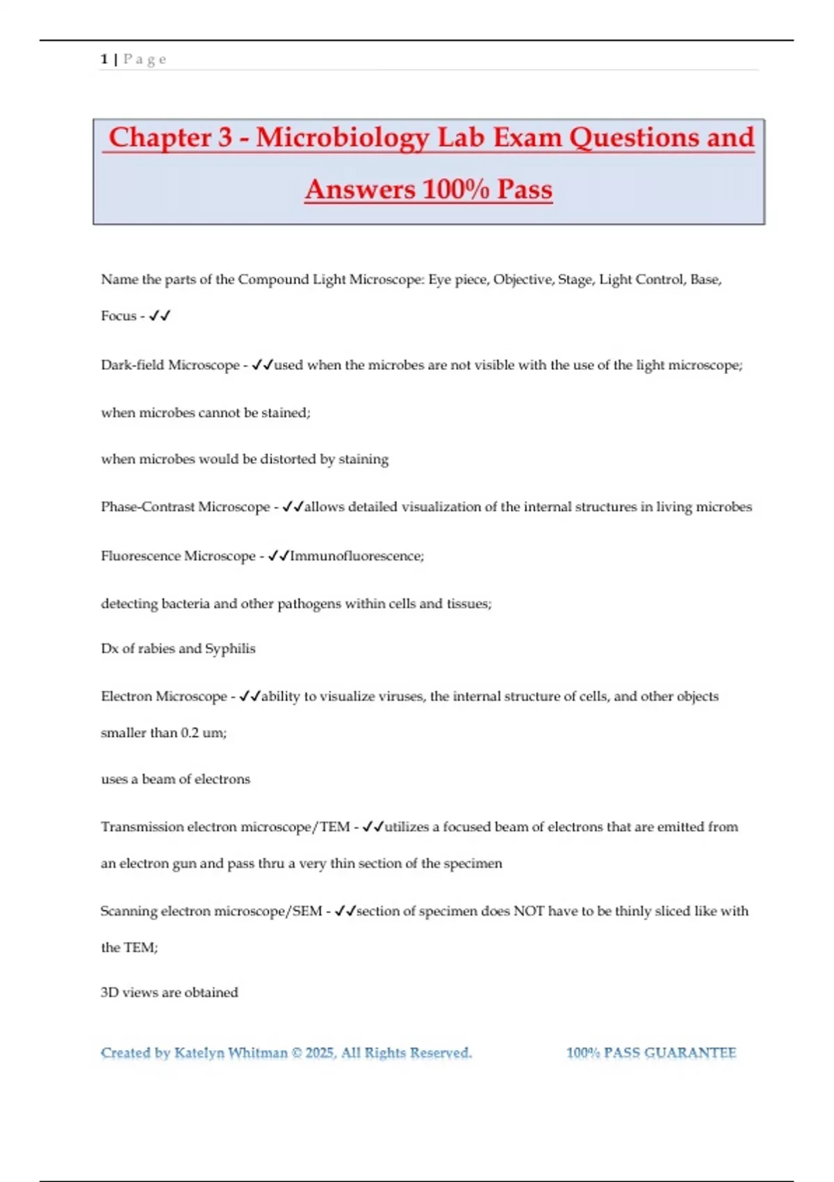 Chapter 3 - Microbiology Lab Exam Questions and Answers 100% Pass - Microbiology Lab - Stuvia US