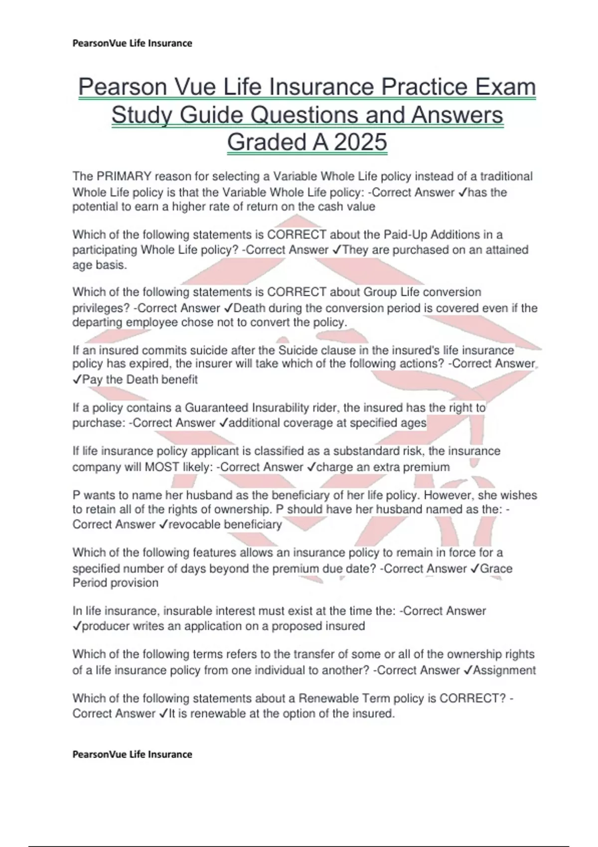 Pearson Vue Life Insurance Practice Exam Study Guide Questions and ...