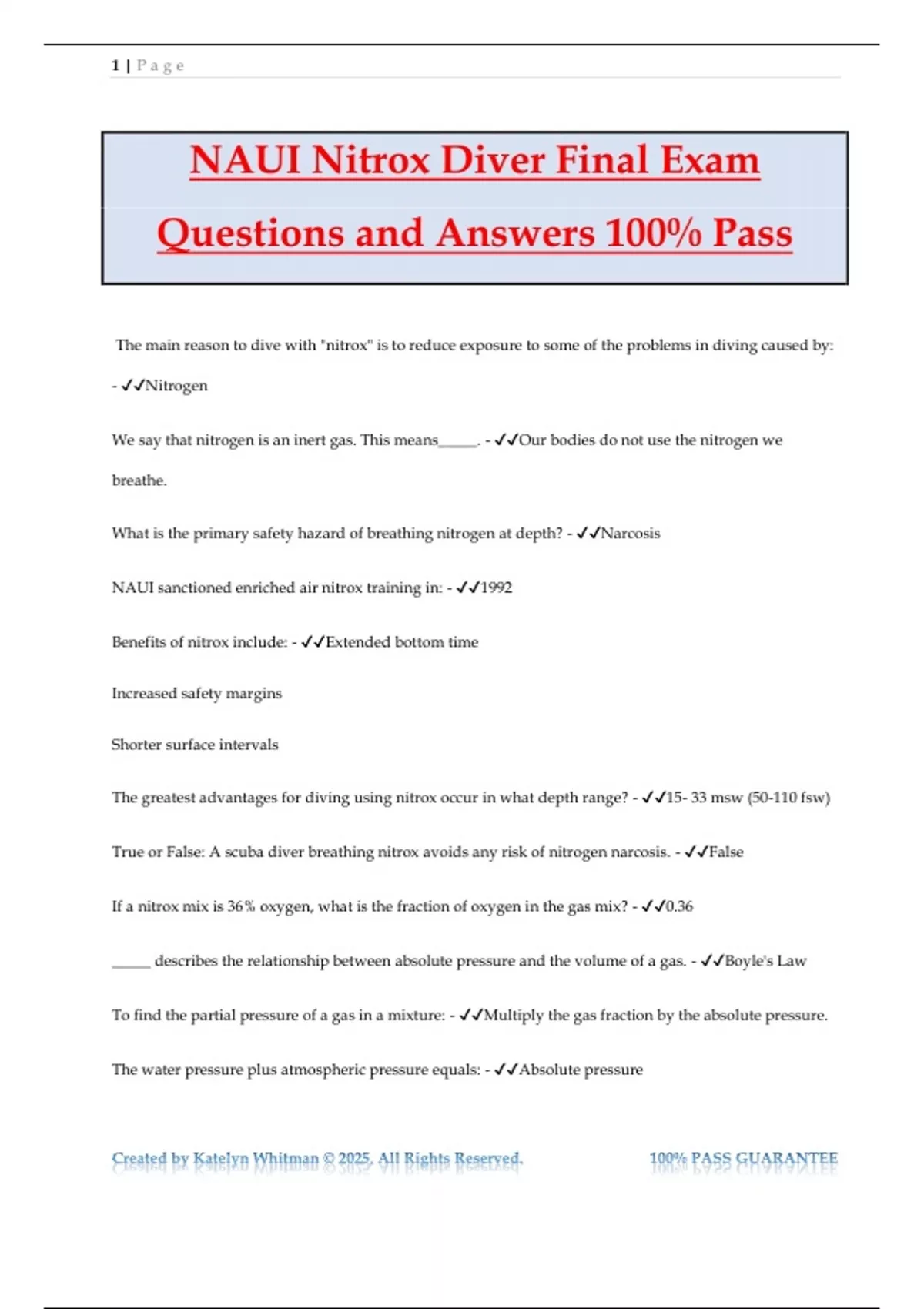 NAUI Nitrox Diver Final Exam Questions and Answers 100% Pass - NAUI ...
