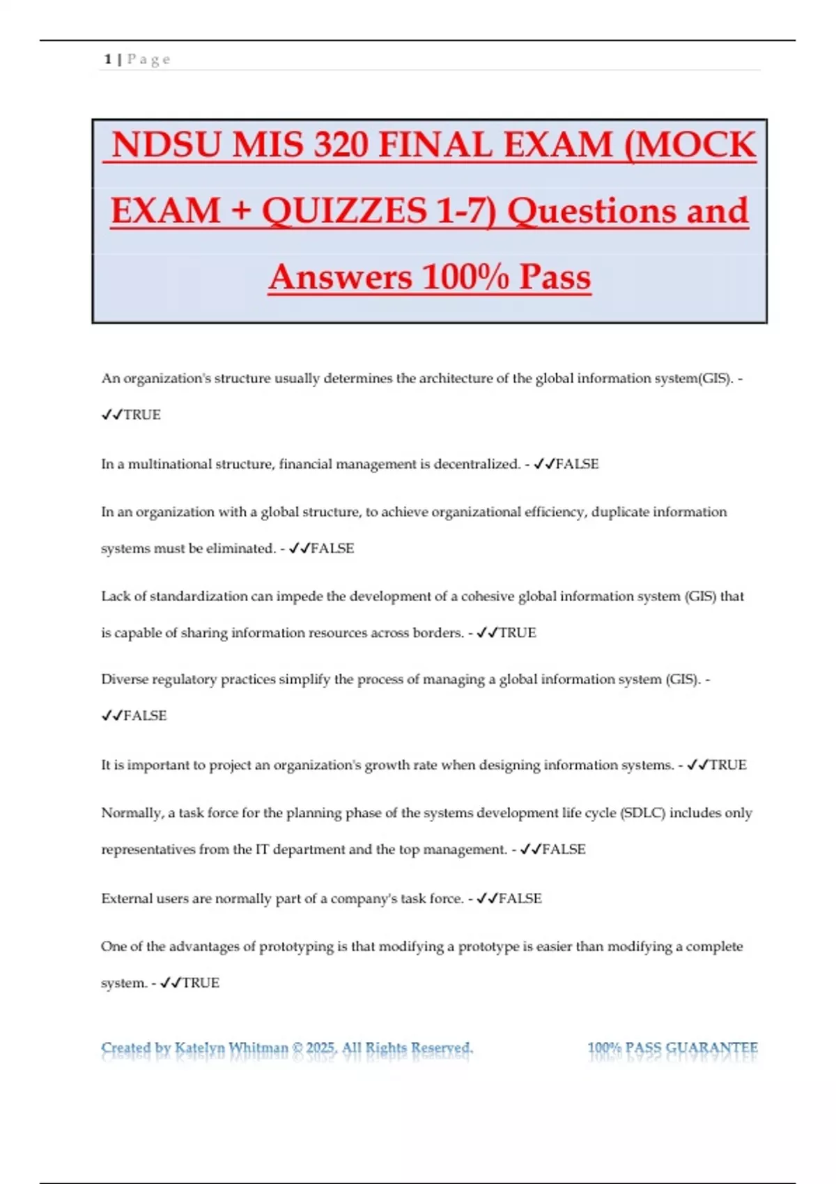 NDSU MIS 320 FINAL EXAM (MOCK EXAM + QUIZZES 1-7) Questions and Answers 100% Pass - NDSU MIS 320 ...