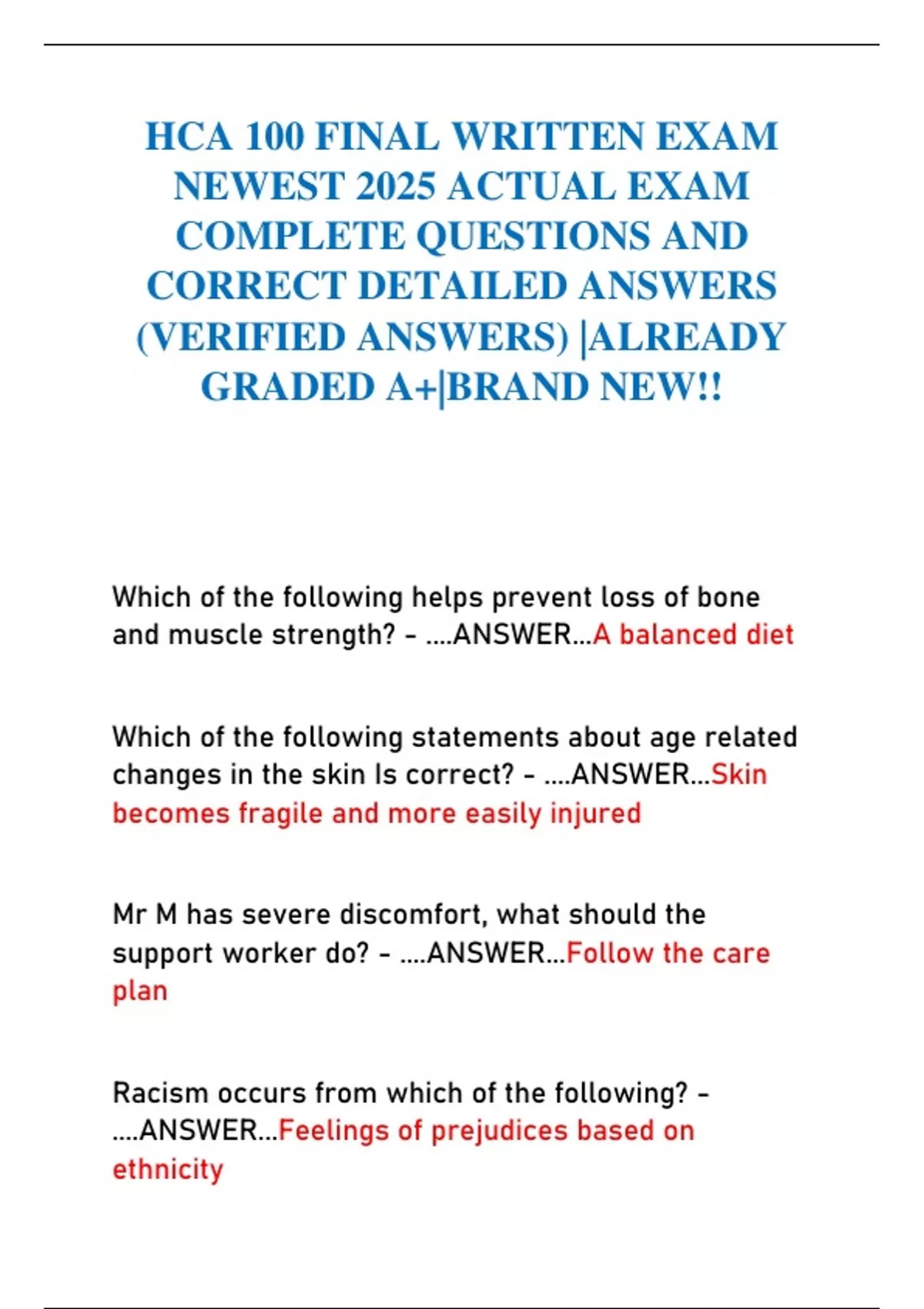 HCA 100 FINAL WRITTEN EXAM NEWEST 2025 ACTUAL EXAM COMPLETE QUESTIONS AND CORRECT DETAILED ...