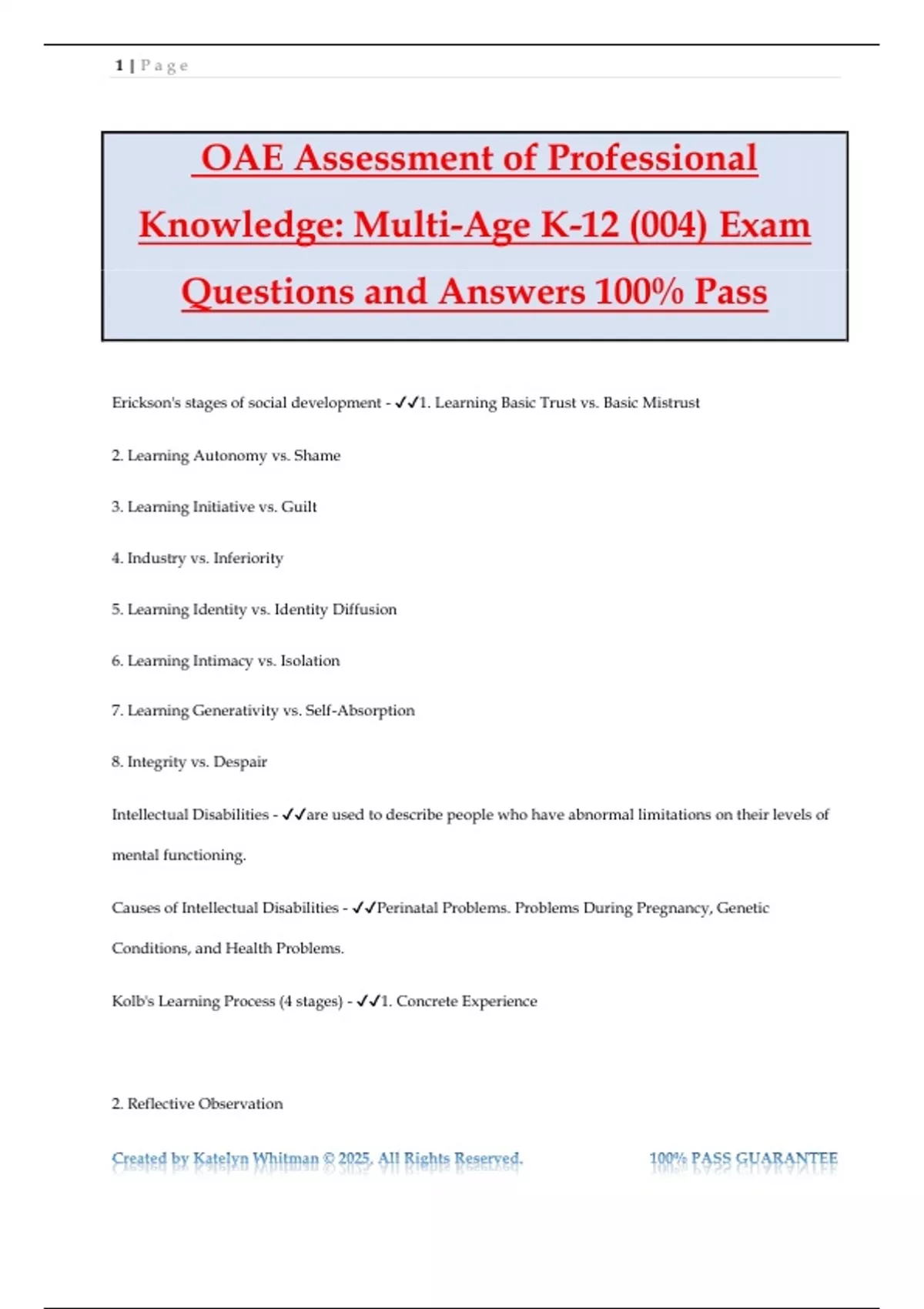 OAE Assessment of Professional Knowledge: Multi-Age K-12 (004) Exam Questions and Answers 100% ...