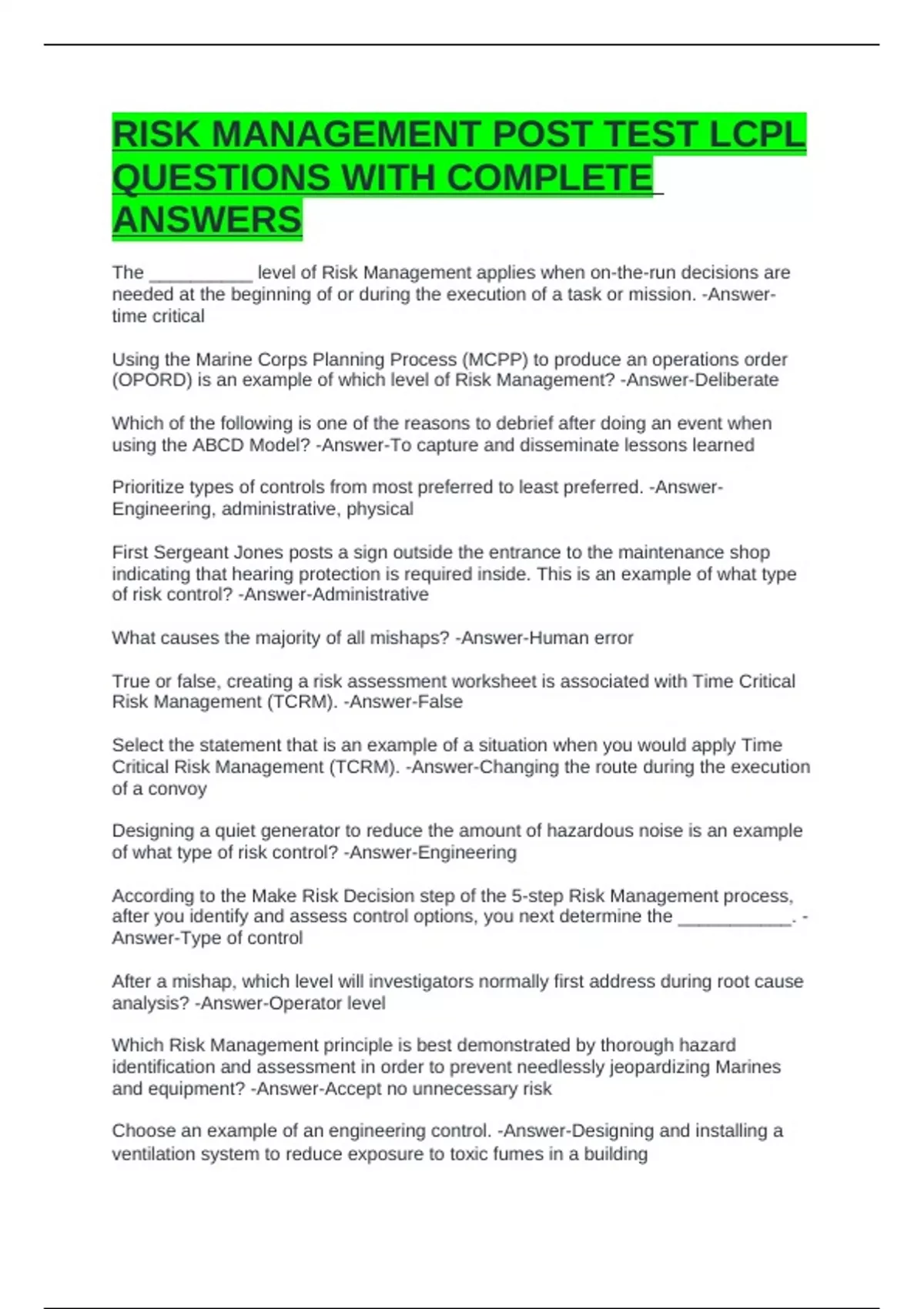 RISK MANAGEMENT POST TEST LCPL QUESTIONS WITH COMPLETE ANSWERS - RIMS ...