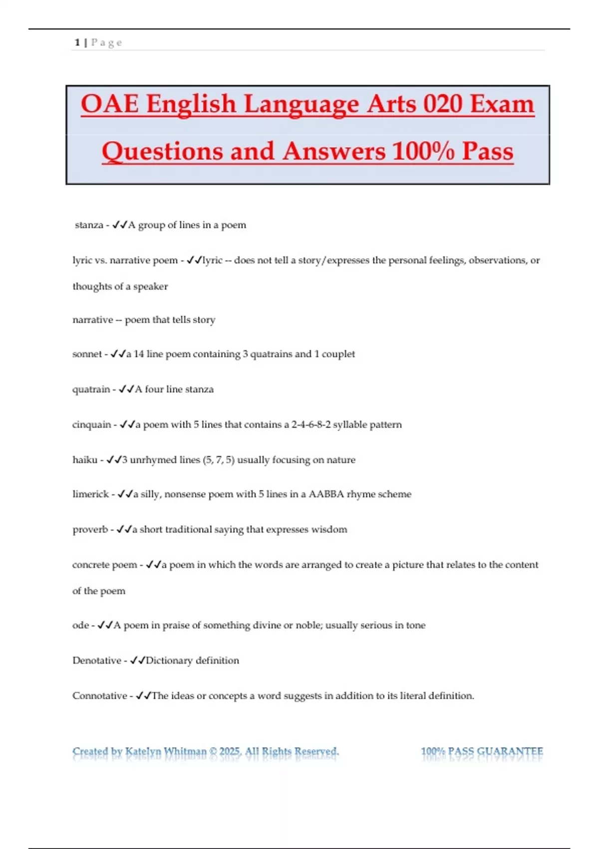 OAE English Language Arts 020 Exam Questions and Answers 100% Pass ...