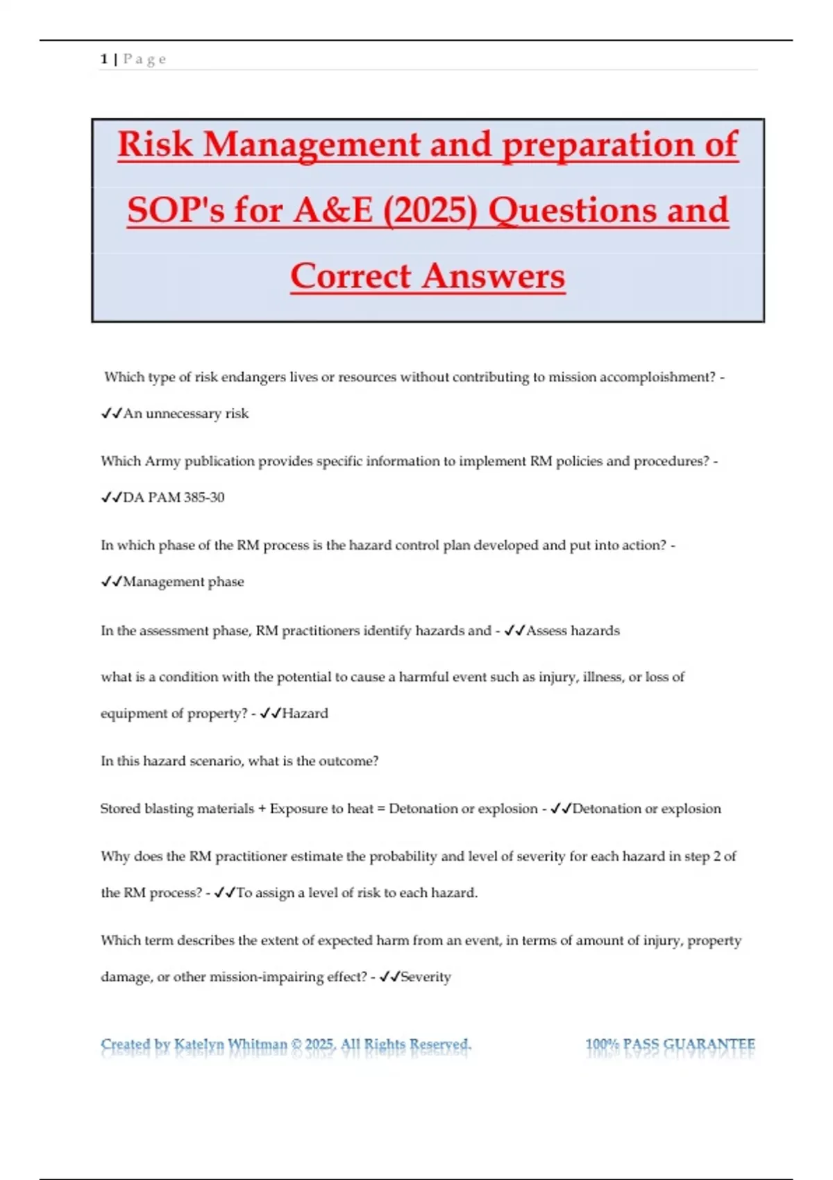 Risk Management and preparation of SOP's for A&E (2025) Questions and ...