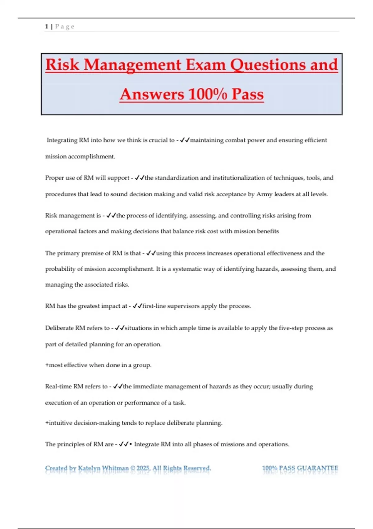 Risk Management Exam Questions and Answers 100% Pass - Risk management ...