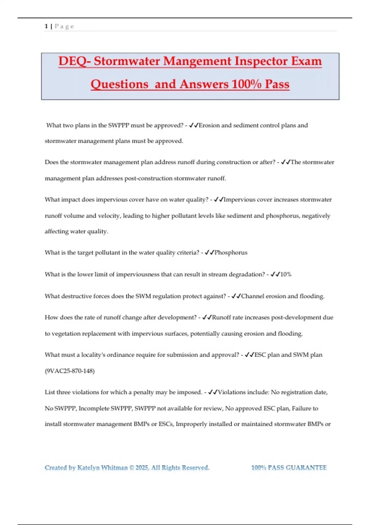 DEQ- Stormwater Mangement Inspector Exam Questions and Answers 100% ...