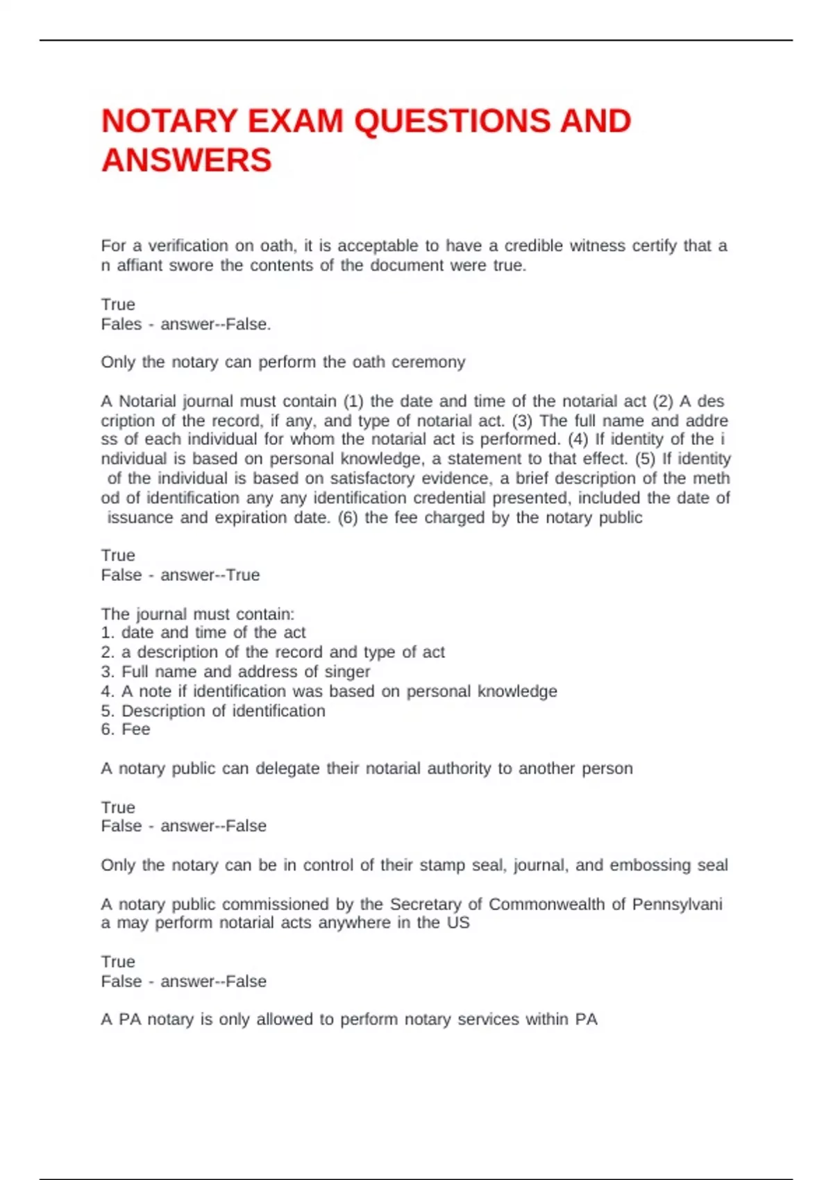 NOTARY EXAM 2020 - PRACTICE EXAM QUESTIONS AND ANSWERS - Stuvia US