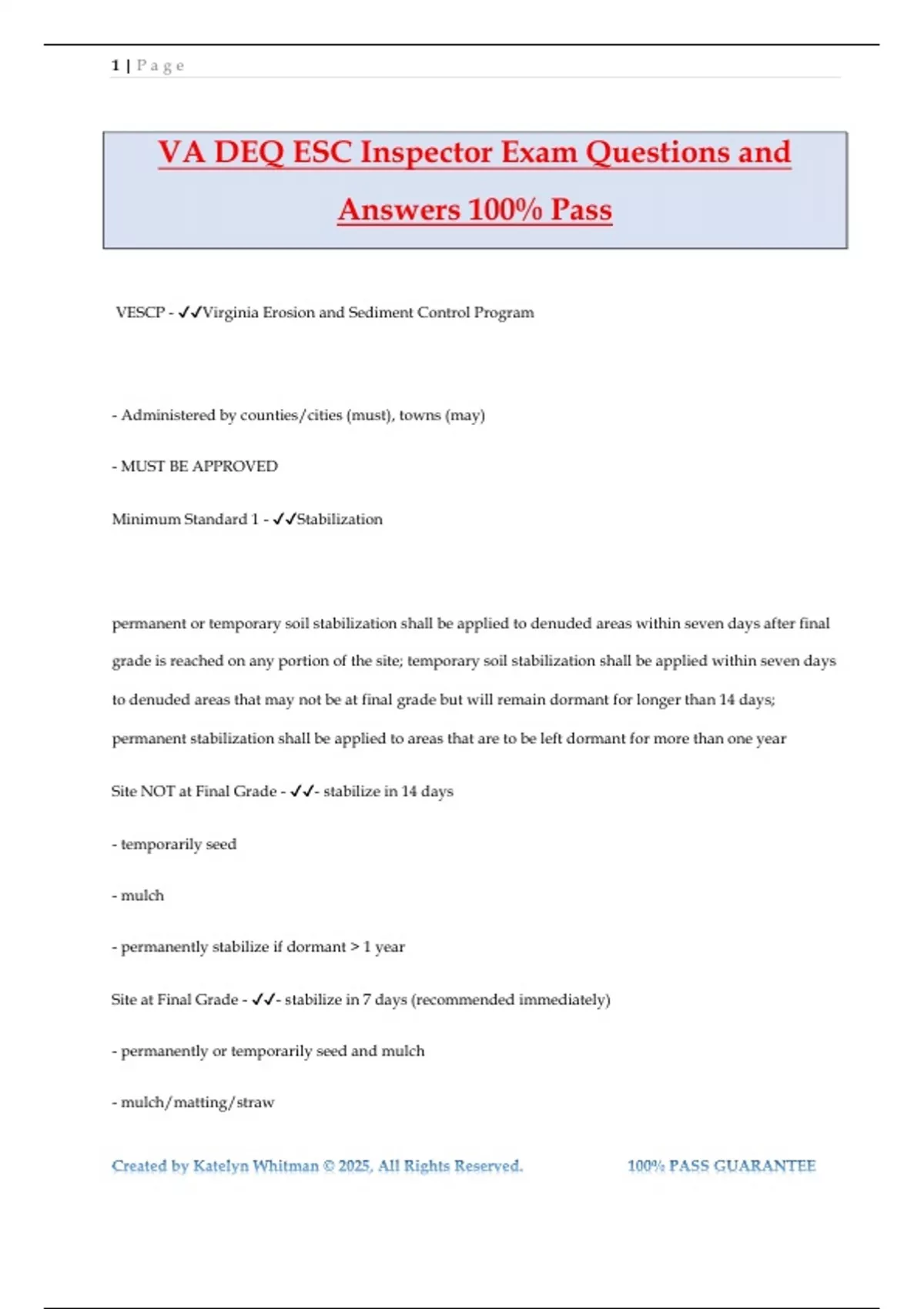VA DEQ ESC Inspector Exam Questions and Answers 100% Pass - SWM - Stuvia US