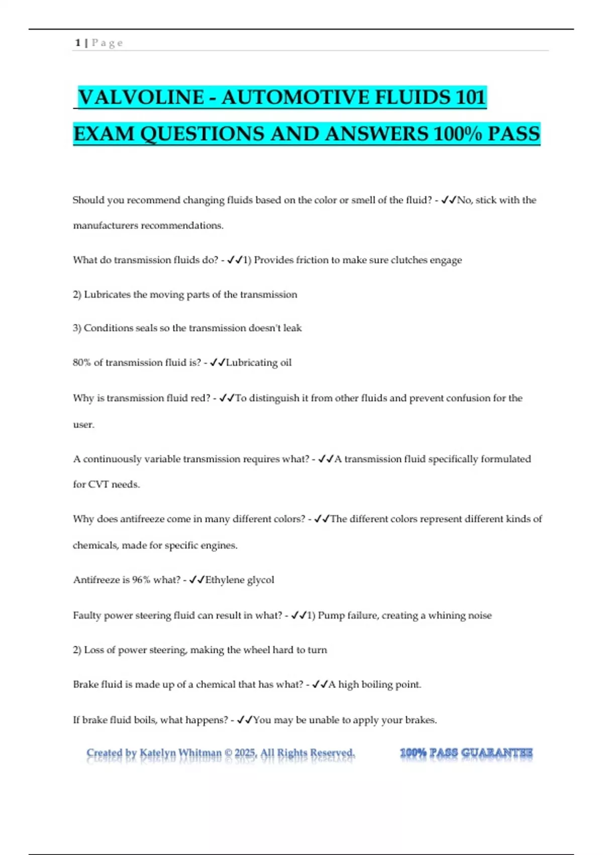 VALVOLINE - AUTOMOTIVE FLUIDS 101 EXAM QUESTIONS AND ANSWERS 100% PASS ...