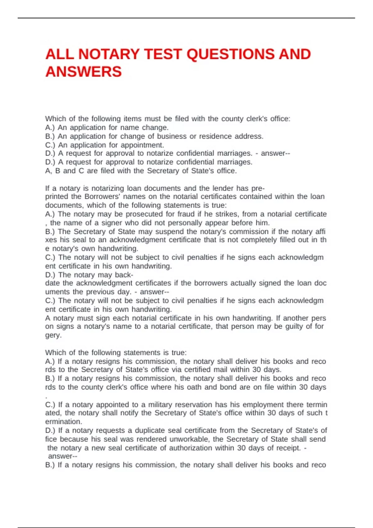 ALL NOTARY TEST QUESTIONS AND ANSWERS - Illinois notary - Stuvia US