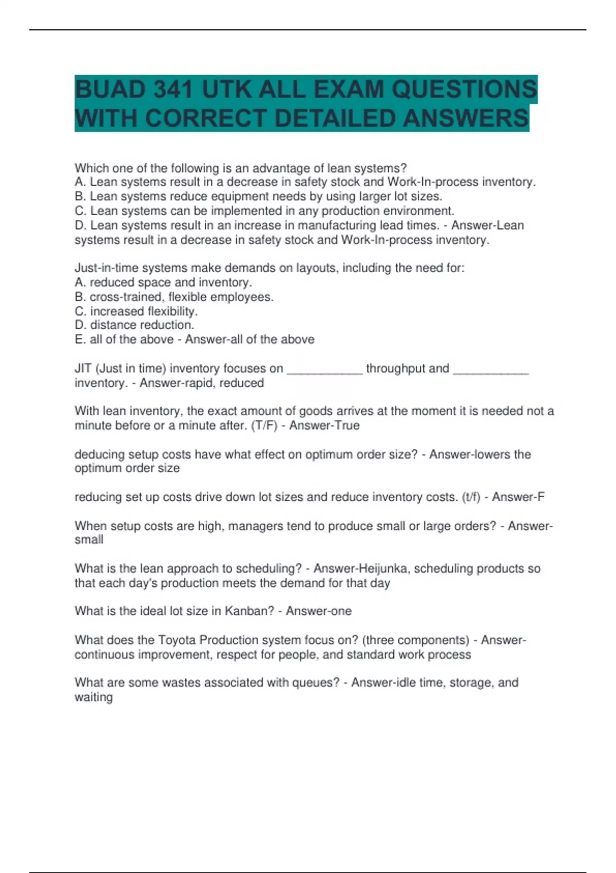 Buad 341 Utk All Exam Questions With Correct Detailed Answers Buad