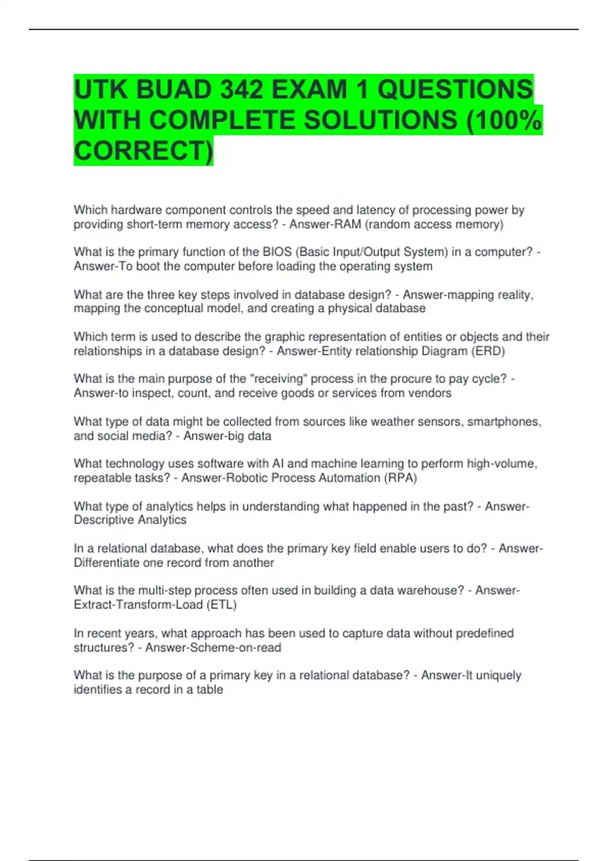 UTK BUAD 342 EXAM 1 QUESTIONS WITH COMPLETE SOLUTIONS (100% CORRECT ...