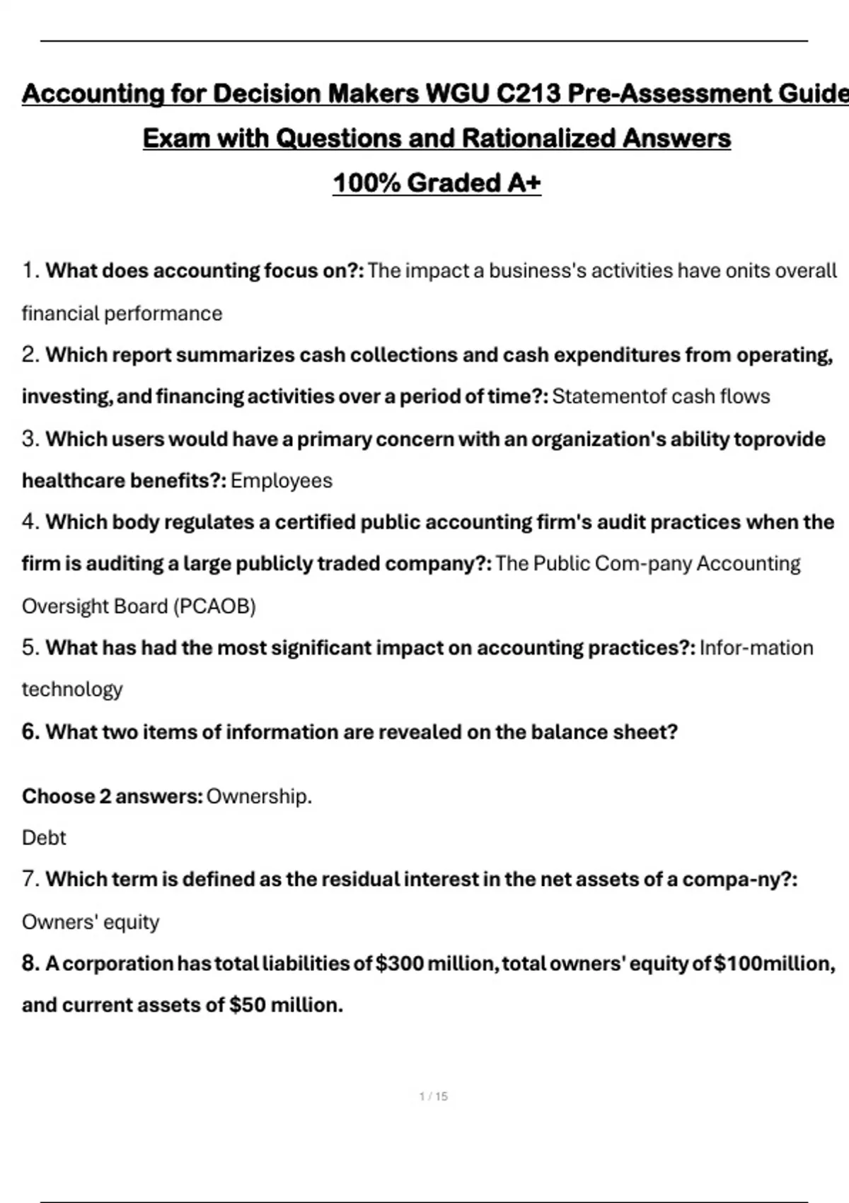 Accounting for Decision Makers WGU C213 Pre-Assessment Guide Exam with ...