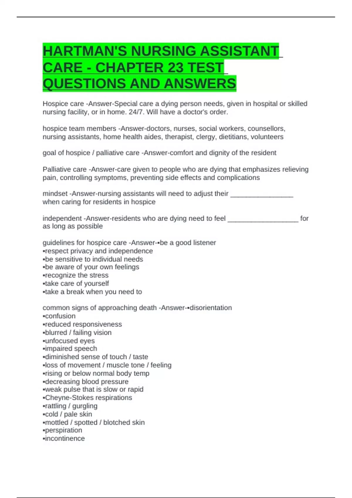 HARTMAN'S NURSING ASSISTANT CARE - CHAPTER 23 TEST QUESTIONS AND ...