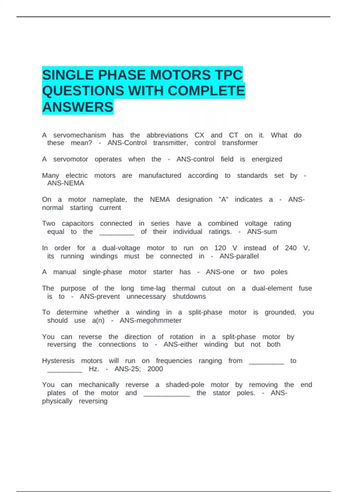 SINGLE PHASE MOTORS TPC QUESTIONS WITH COMPLETE ANSWERS. - TPC-PLC ...