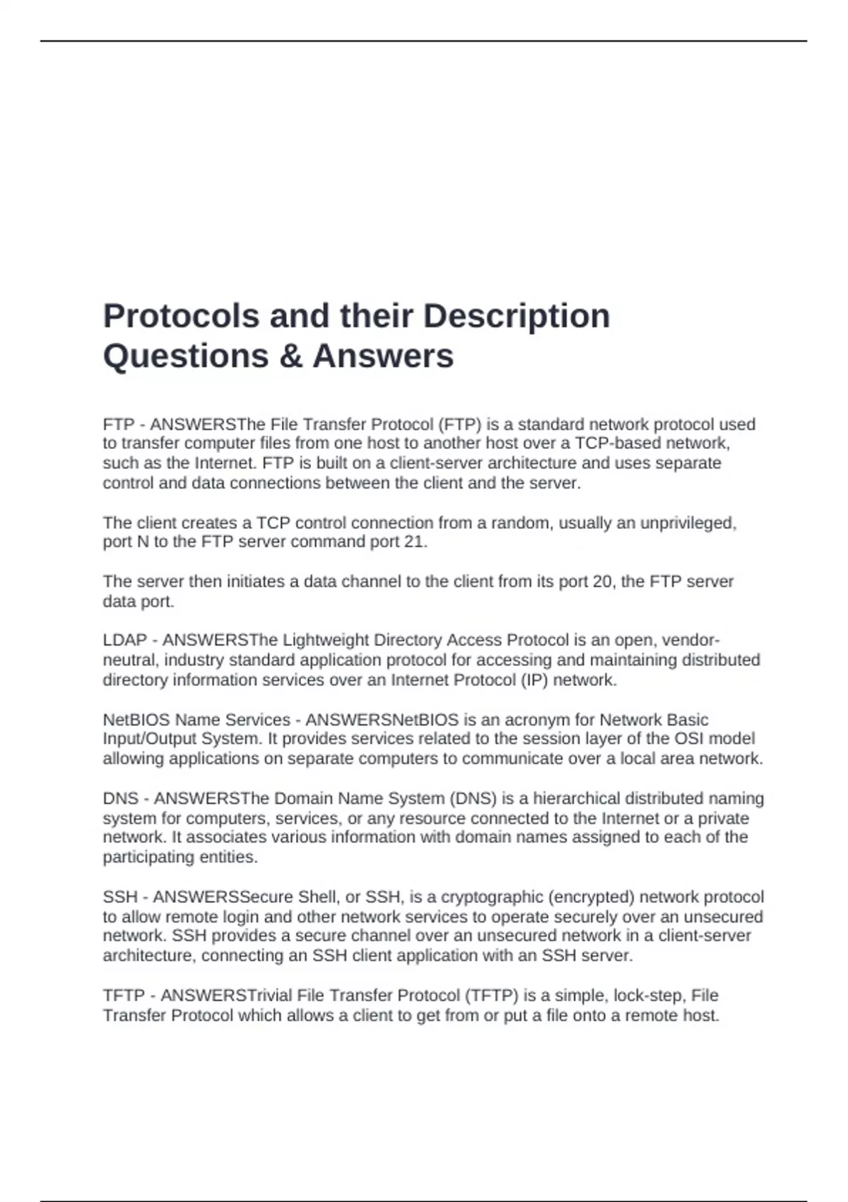 Protocols and their Description Questions & Answers - Protocols and ...