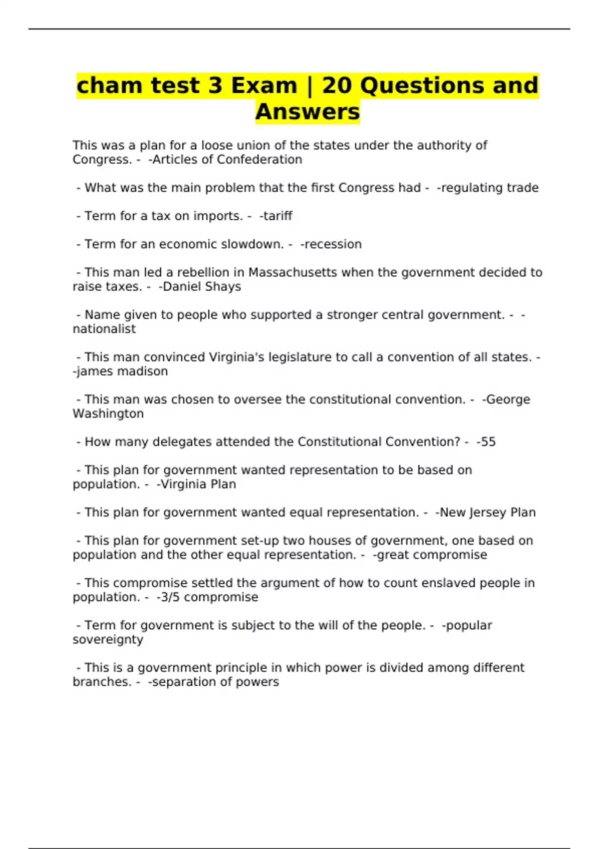 cham test 3 Exam | 20 Questions and Answers - Cham - Stuvia US