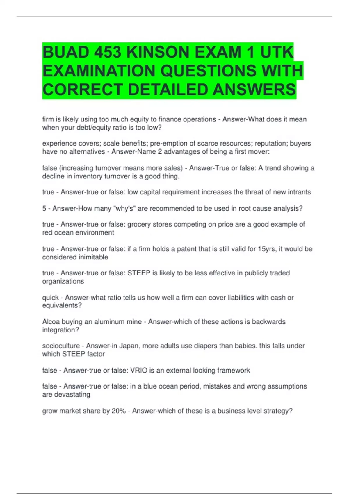 BUAD 453 KINSON EXAM 1 UTK EXAMINATION QUESTIONS WITH CORRECT DETAILED ANSWERS - BUAD 453 KINSON ...