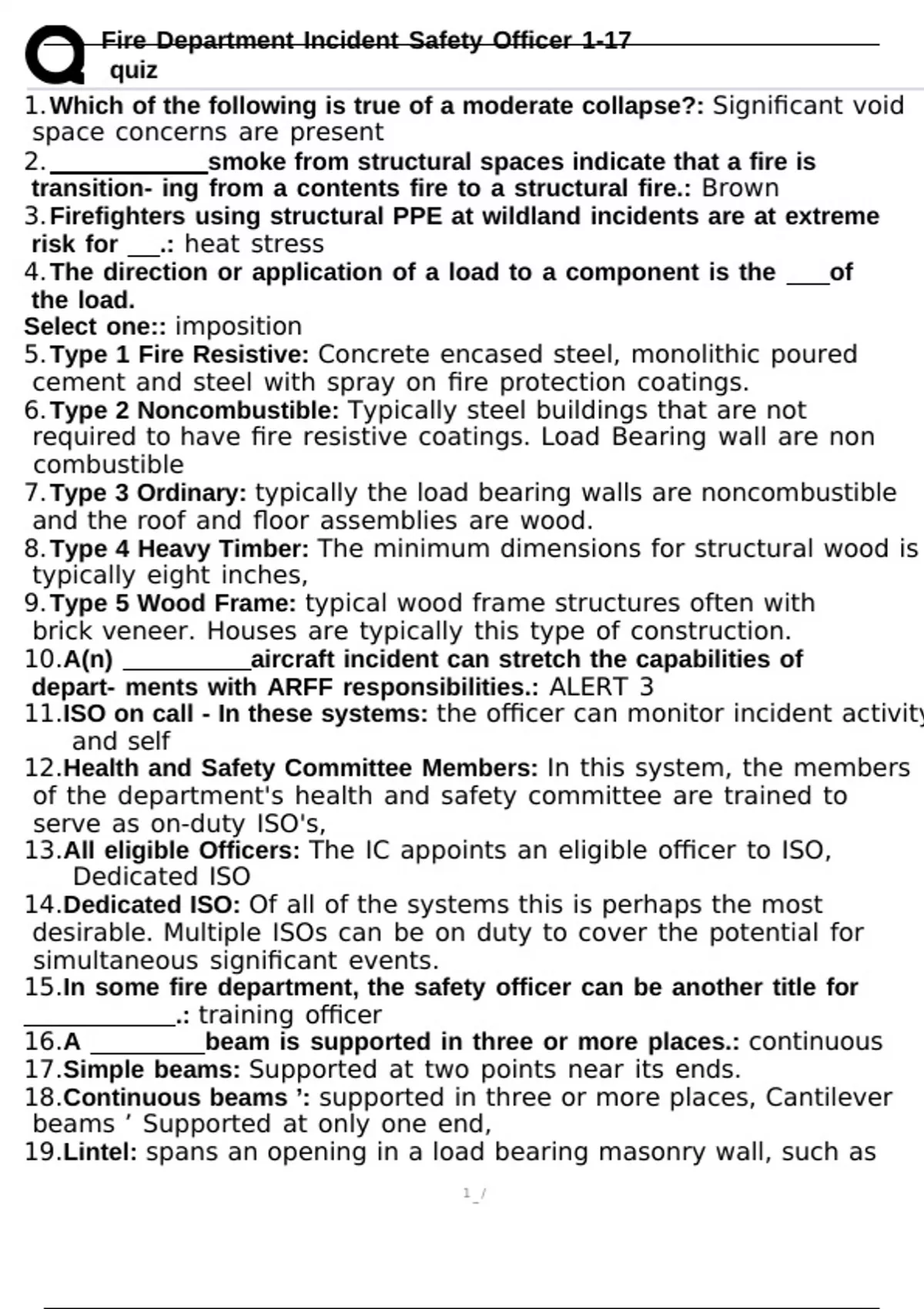 Fire Department Incident Safety Officer 1-17 quiz questions with ...