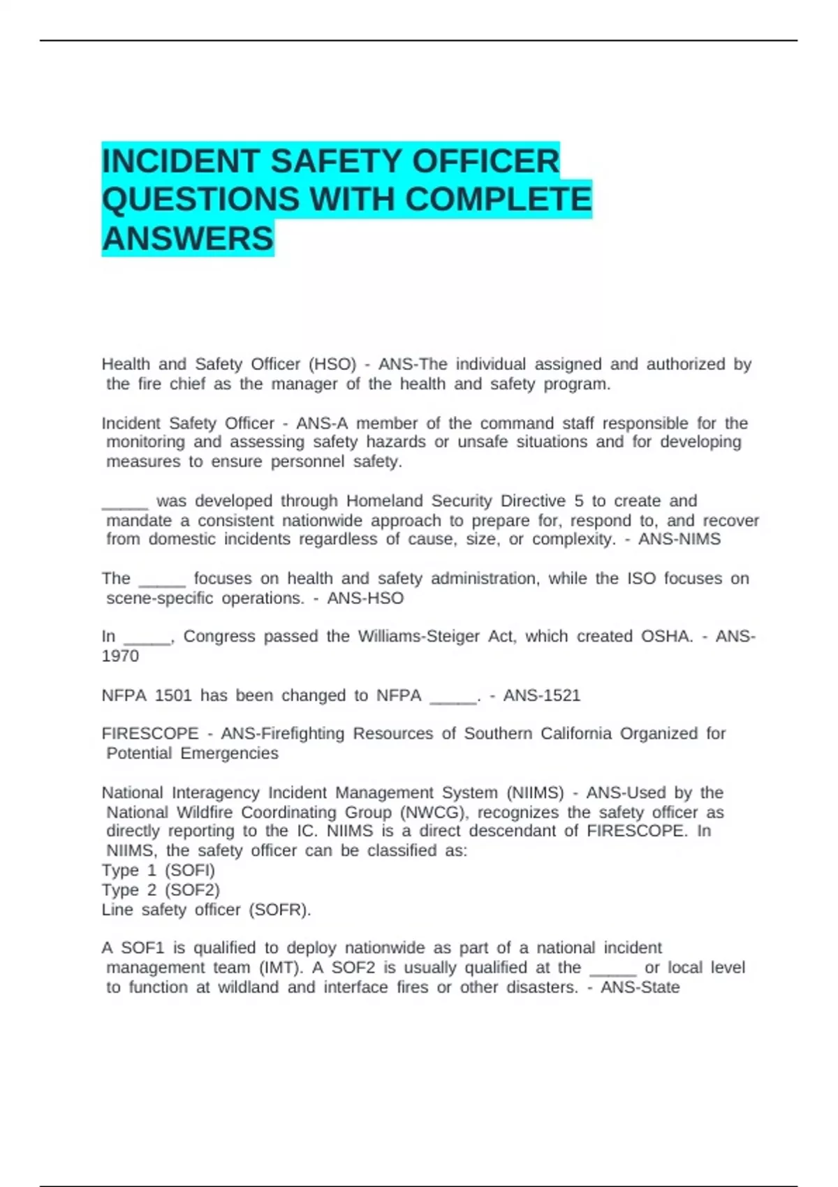 INCIDENT SAFETY OFFICER QUESTIONS WITH COMPLETE ANSWERS - Incident ...