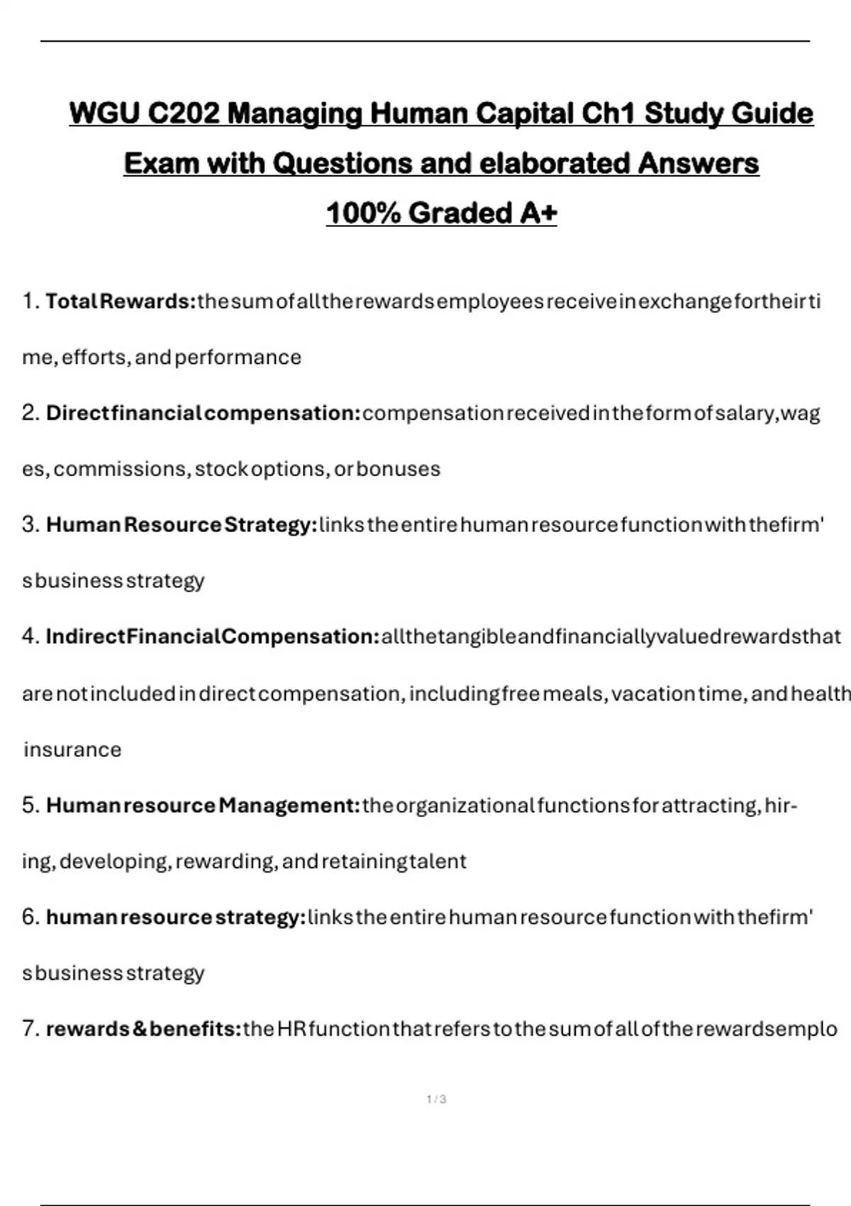 WGU C202 Managing Human Capital Ch1 Study Guide Exam with Questions and elaborated Answers 100% ...