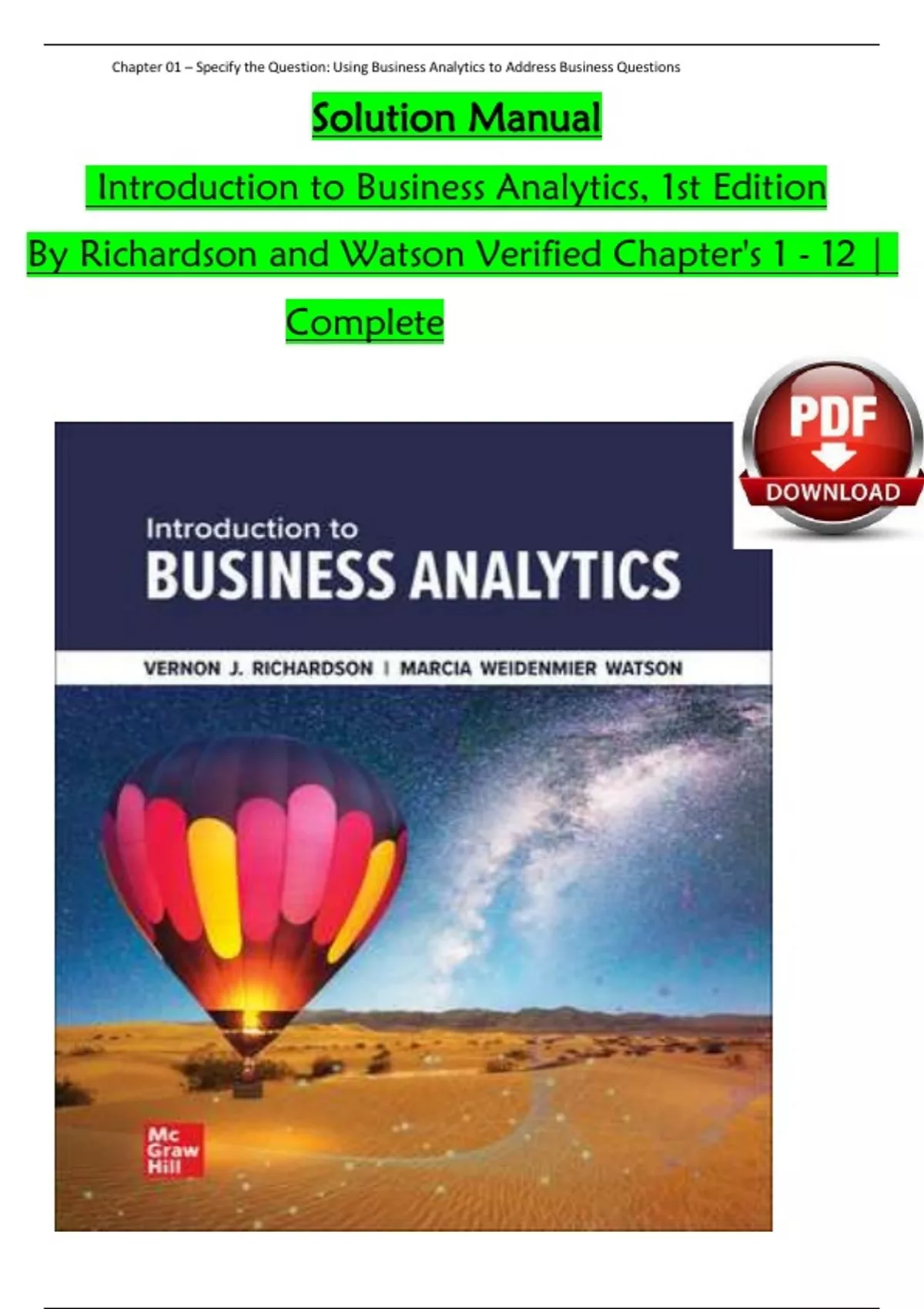 Solution Manual Introduction to Business Analytics, 1st Edition By Richardson and Watson ...