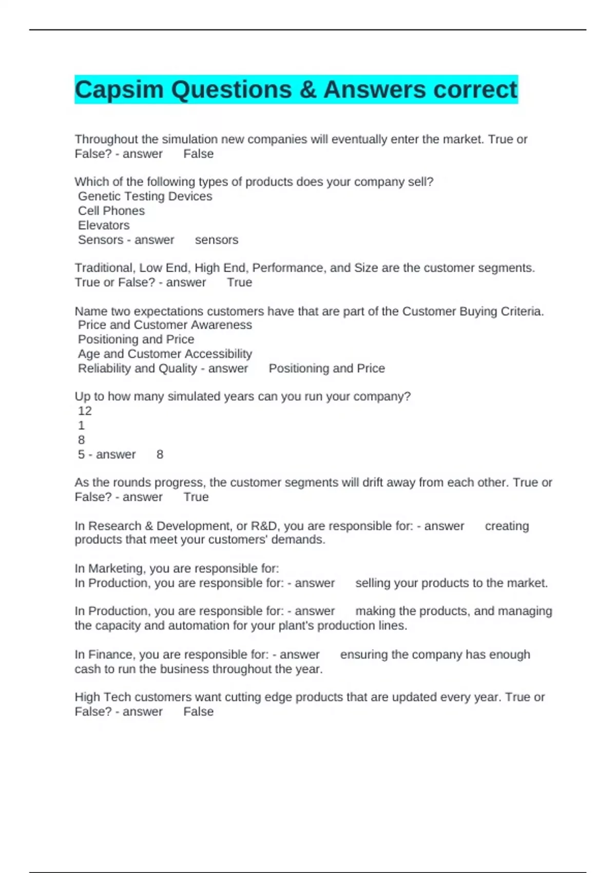 Capsim Questions & Answers correct - CAPSIM - Stuvia US
